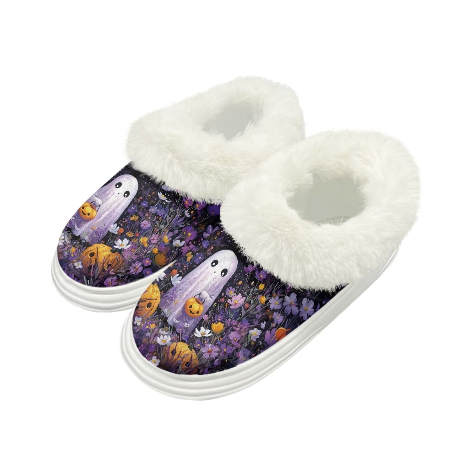 FUIALDOLG Halloween Ghost Floral Print Slippers for Women Indoor Thick ...