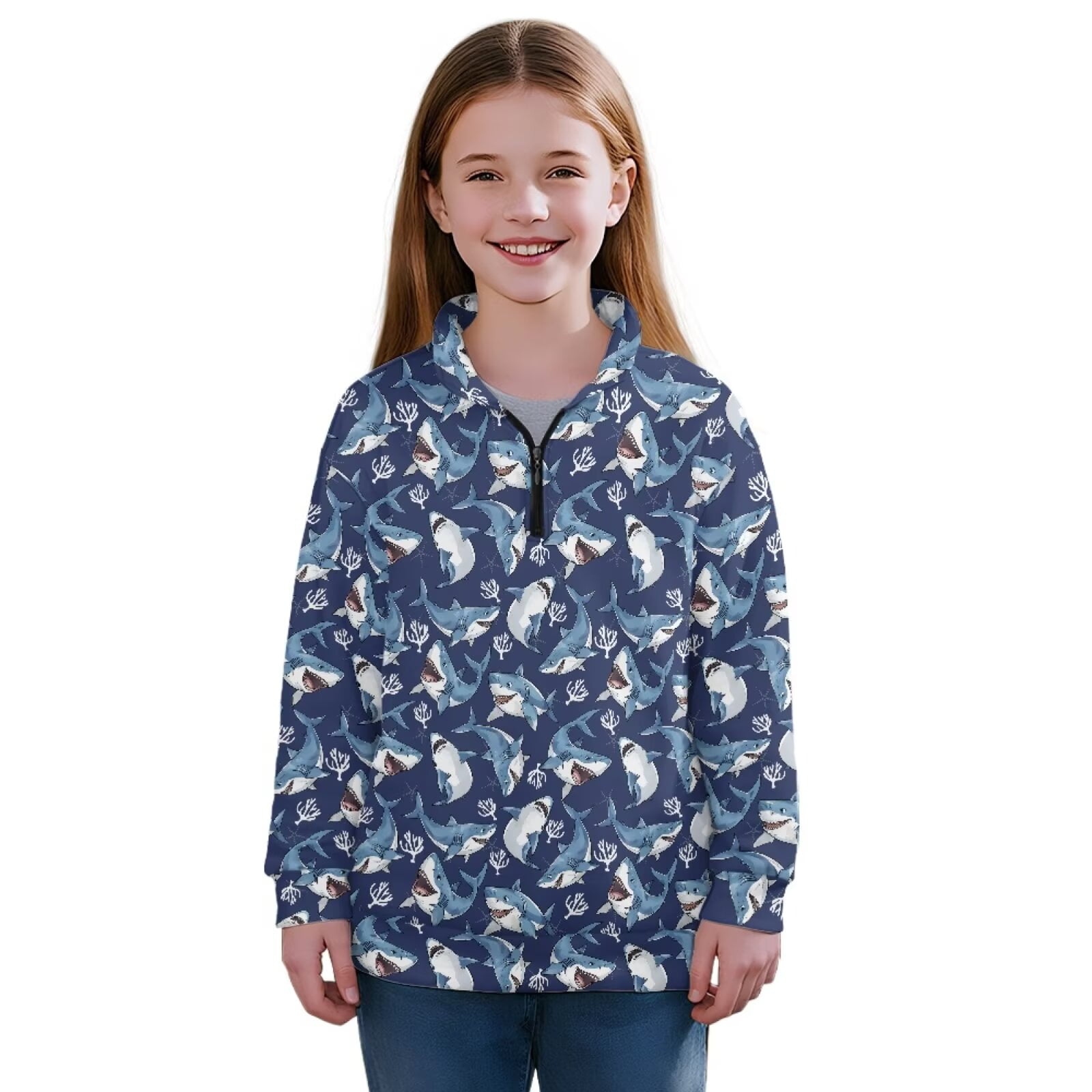 FUIALDOLG Quarter Zip Pullover Tops Cartoon Shark Hoodies Sweatshirts ...