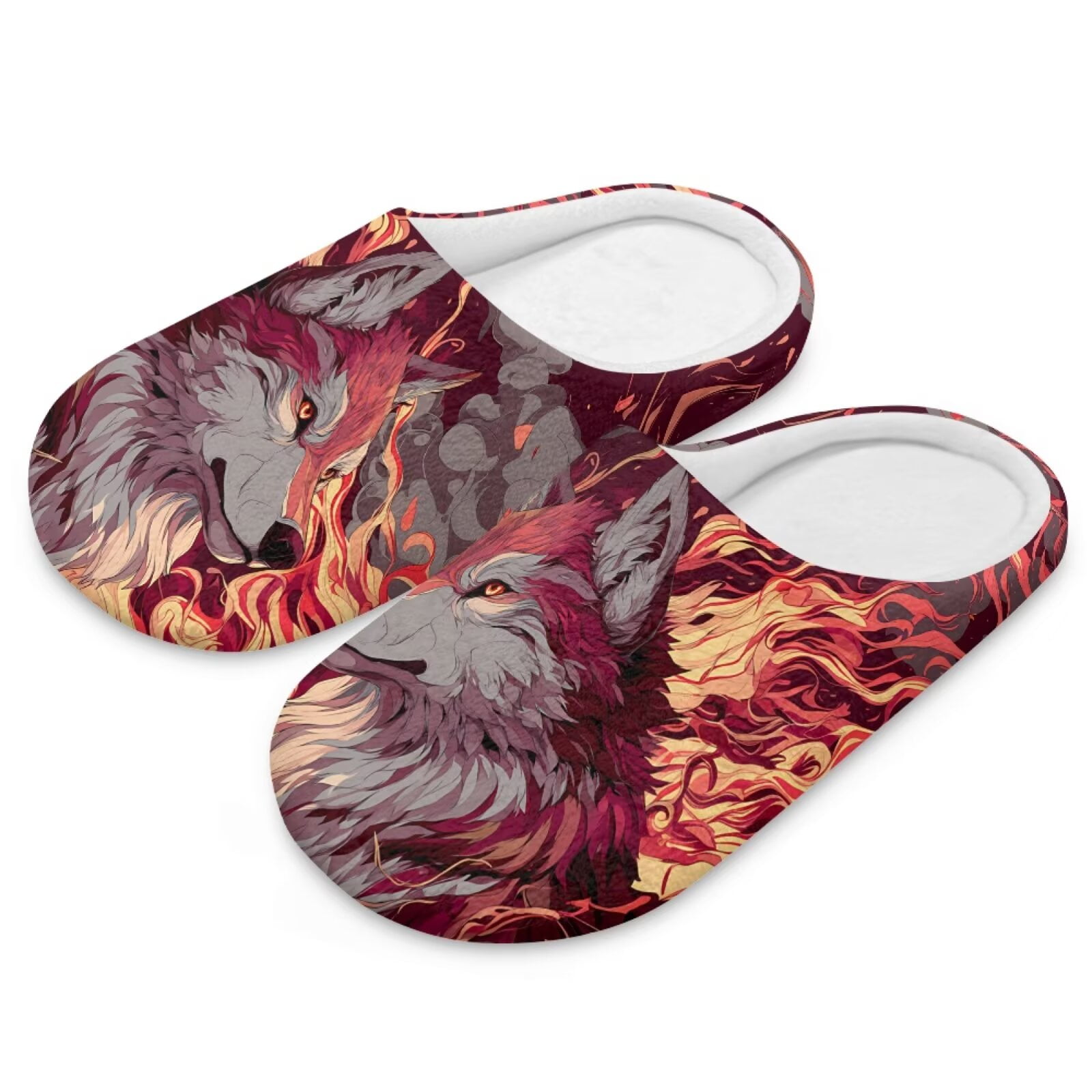 FUIALDOLG Red Flame Wolf Print Slippers for Women Memory Foam House ...