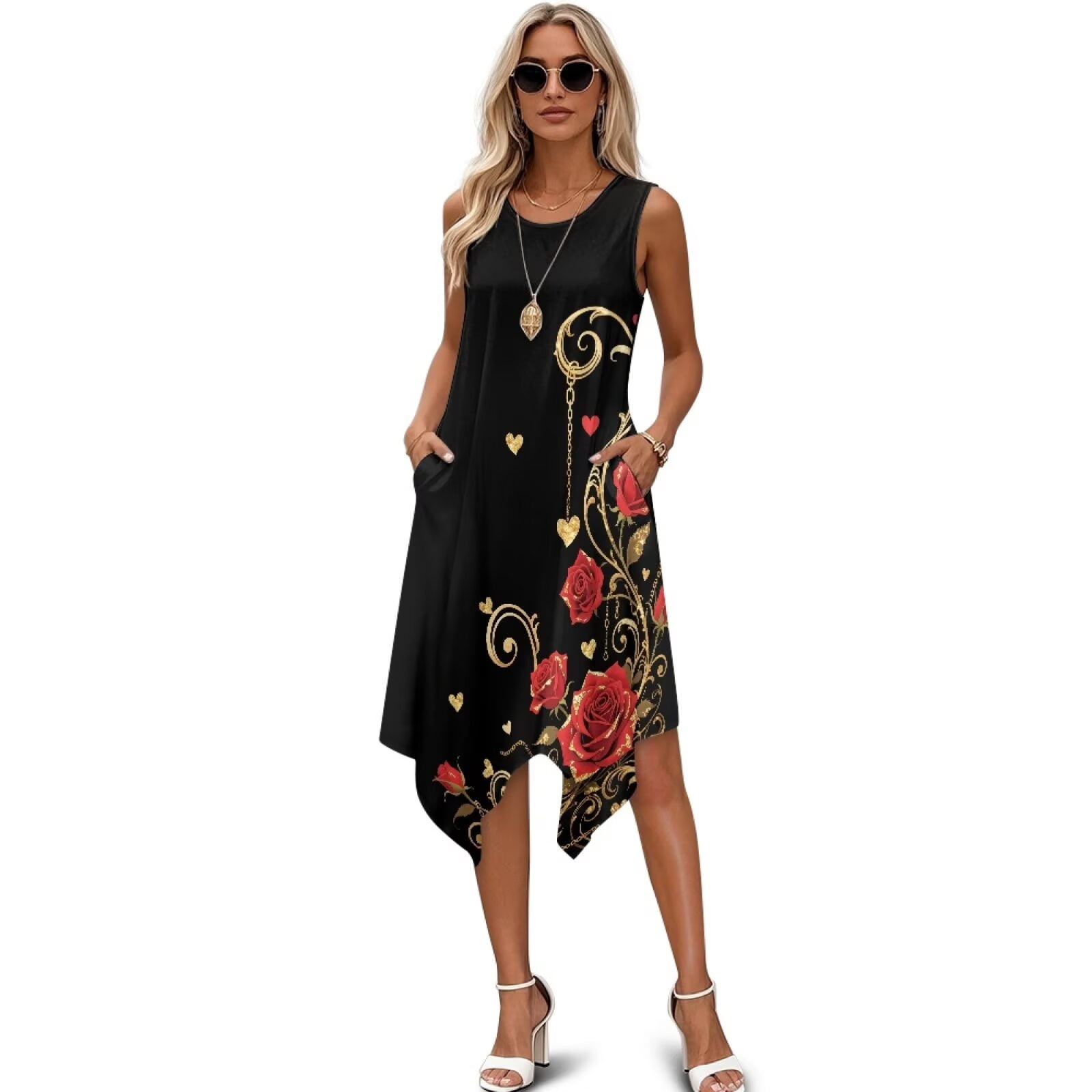 FUIALDOLG Red Rose Summer Dress for Women Lady Casual Tiered Sundresses with Pockets idi Tank ...