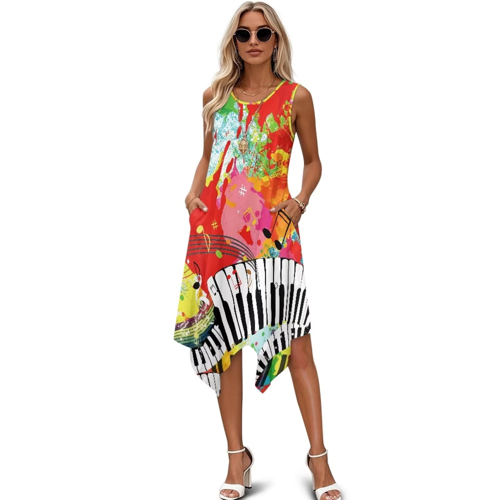 FUIALDOLG Summer Beach Dress for Women Colorful Splash Music NotesDress ...