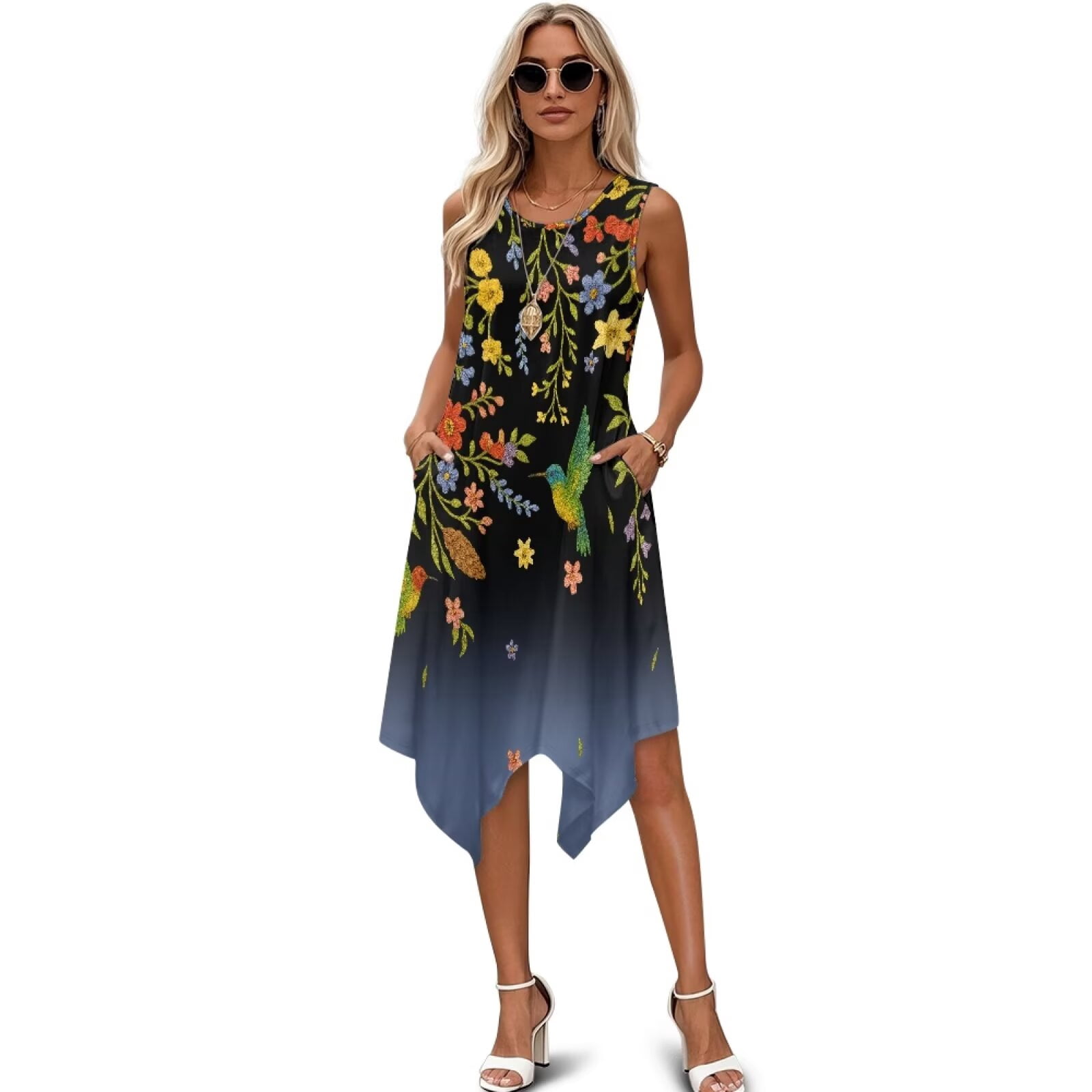 FUIALDOLG Summer Dresses for Women Cottagecore Flower Hummingbirds ...