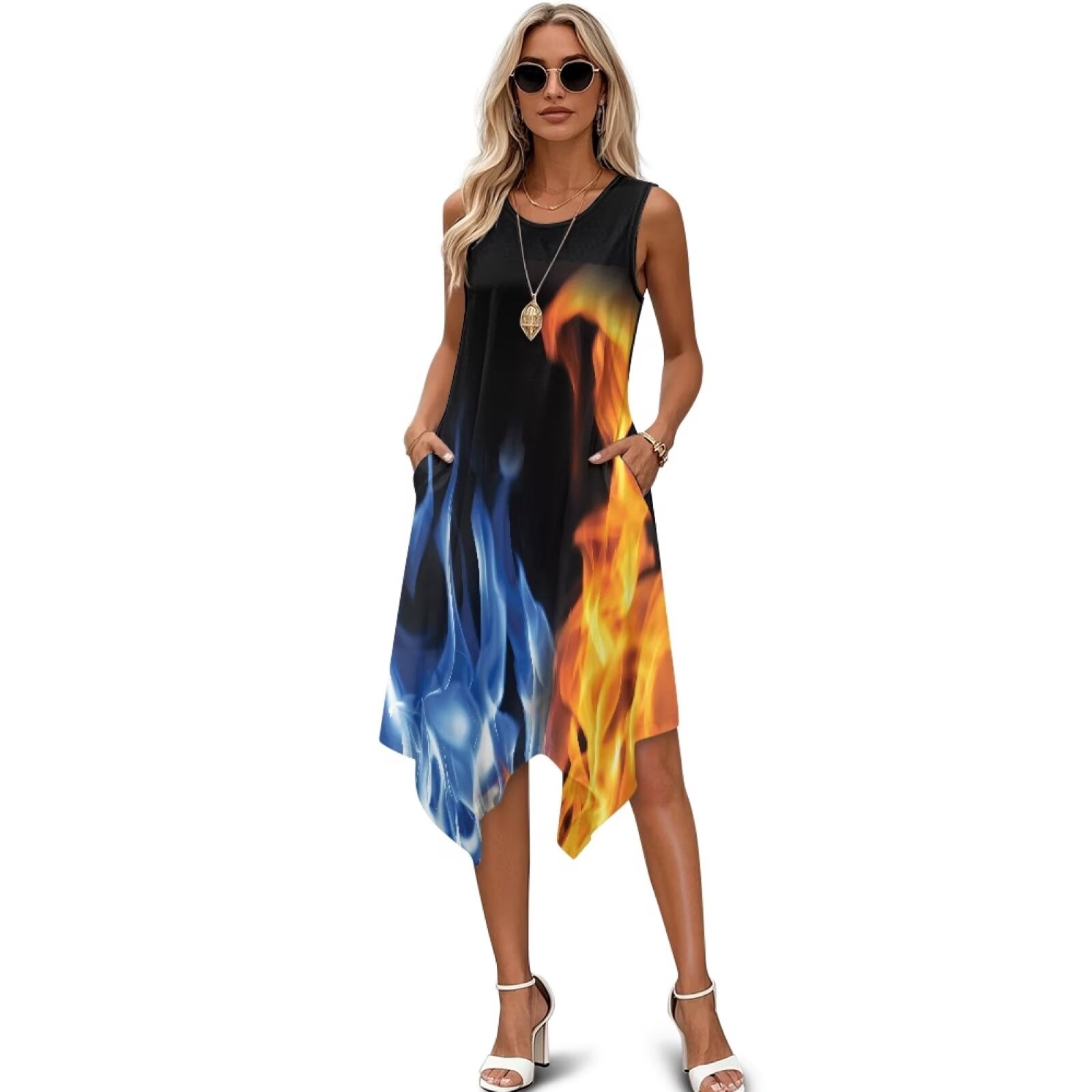 FUIALDOLG Summer Sundress for Women Blue and Orange Fire Dress Casual ...