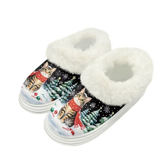 FUIALDOLG Women's Christmas Cat Print Fuzzy Slippers Thick Sole House ...