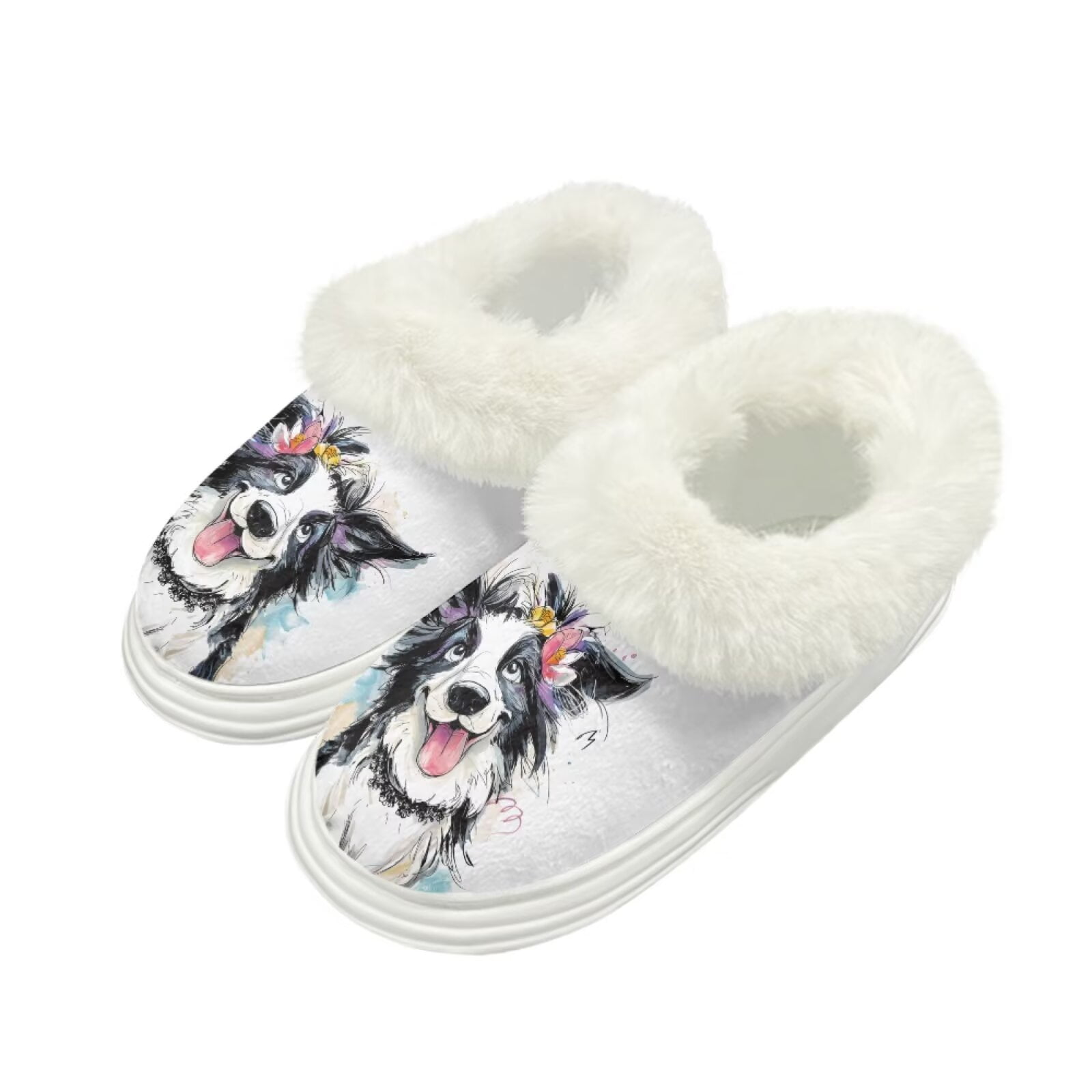 FUIALDOLG Women's Cute Border Collie Print Fuzzy Slippers Thick Sole ...