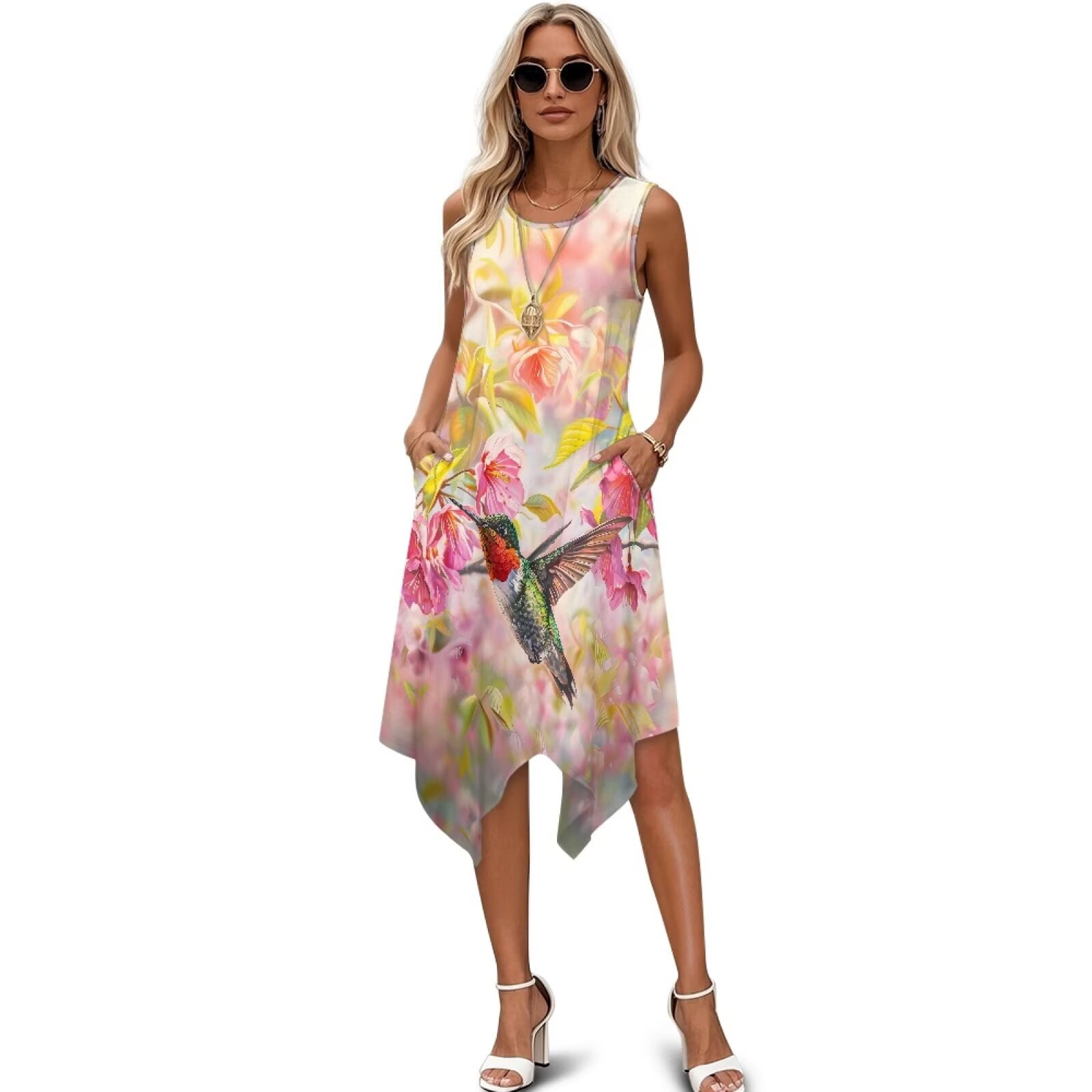 FUIALDOLG Women's Flower Hummingbirsd Dress Womens Casual Round Neck ...