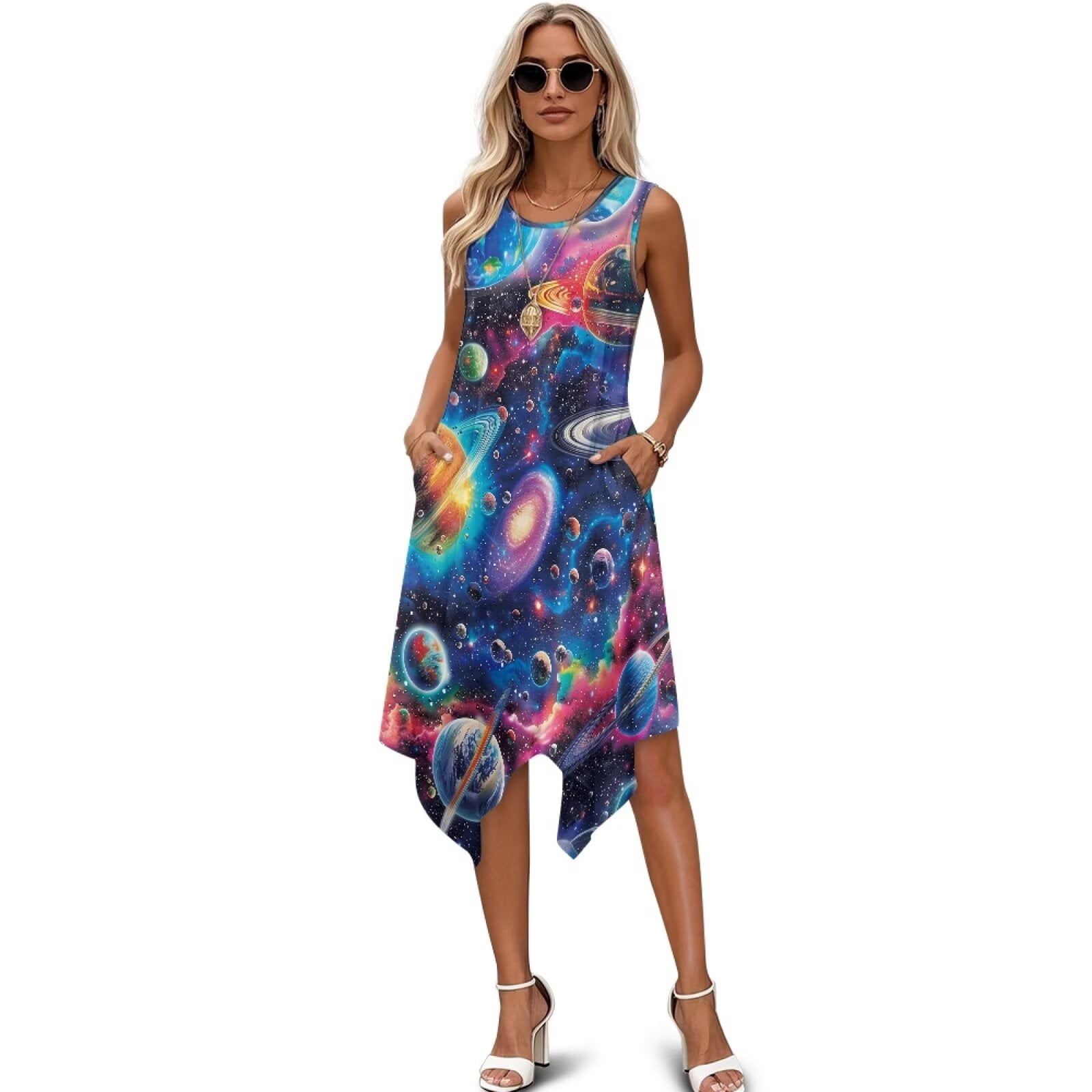 FUIALDOLG Women's Galaxy Planet Dresses Summer Sleeveless Tank Dresses ...