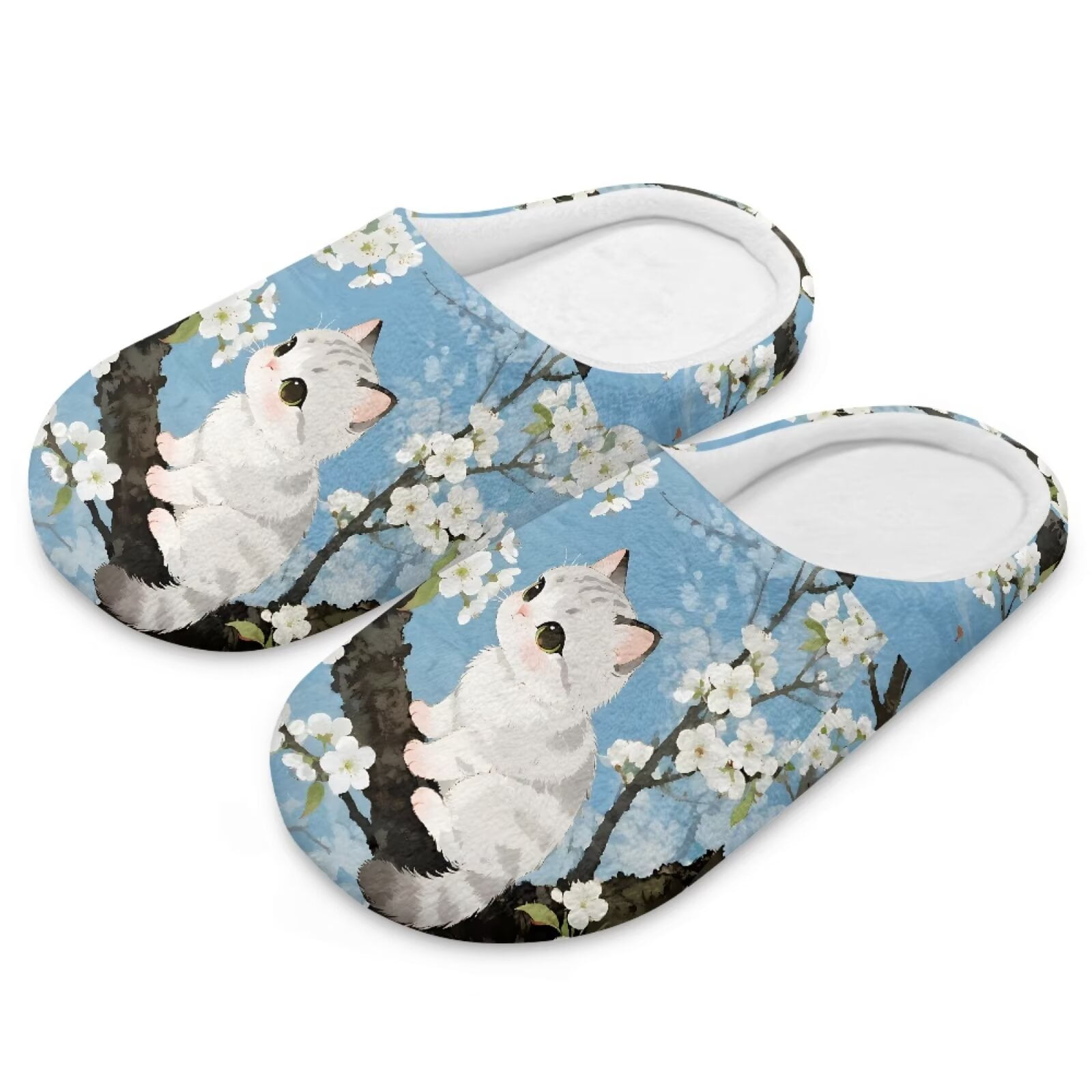 FUIALDOLG Women's Slippers Cute Kitty Floral Print Fuzzy House Slippers ...