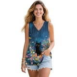 FUIALDOLG Womens Black Cat Tank Tops Summer Sleeveless V Neck T-shirt ...