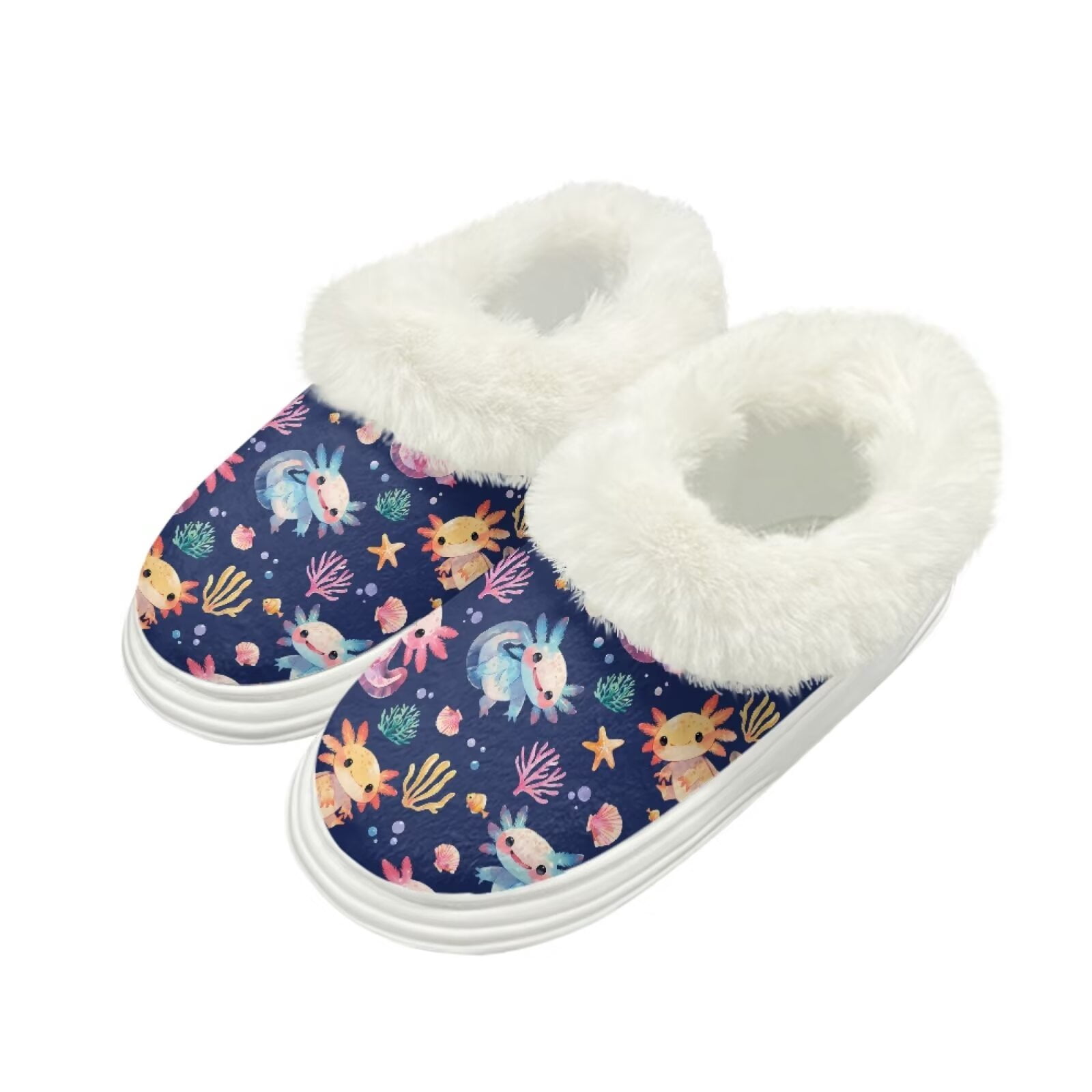 FUIALDOLG Womens Slippers Cartoon Axolotl Corals Print Fuzzy Slippers ...