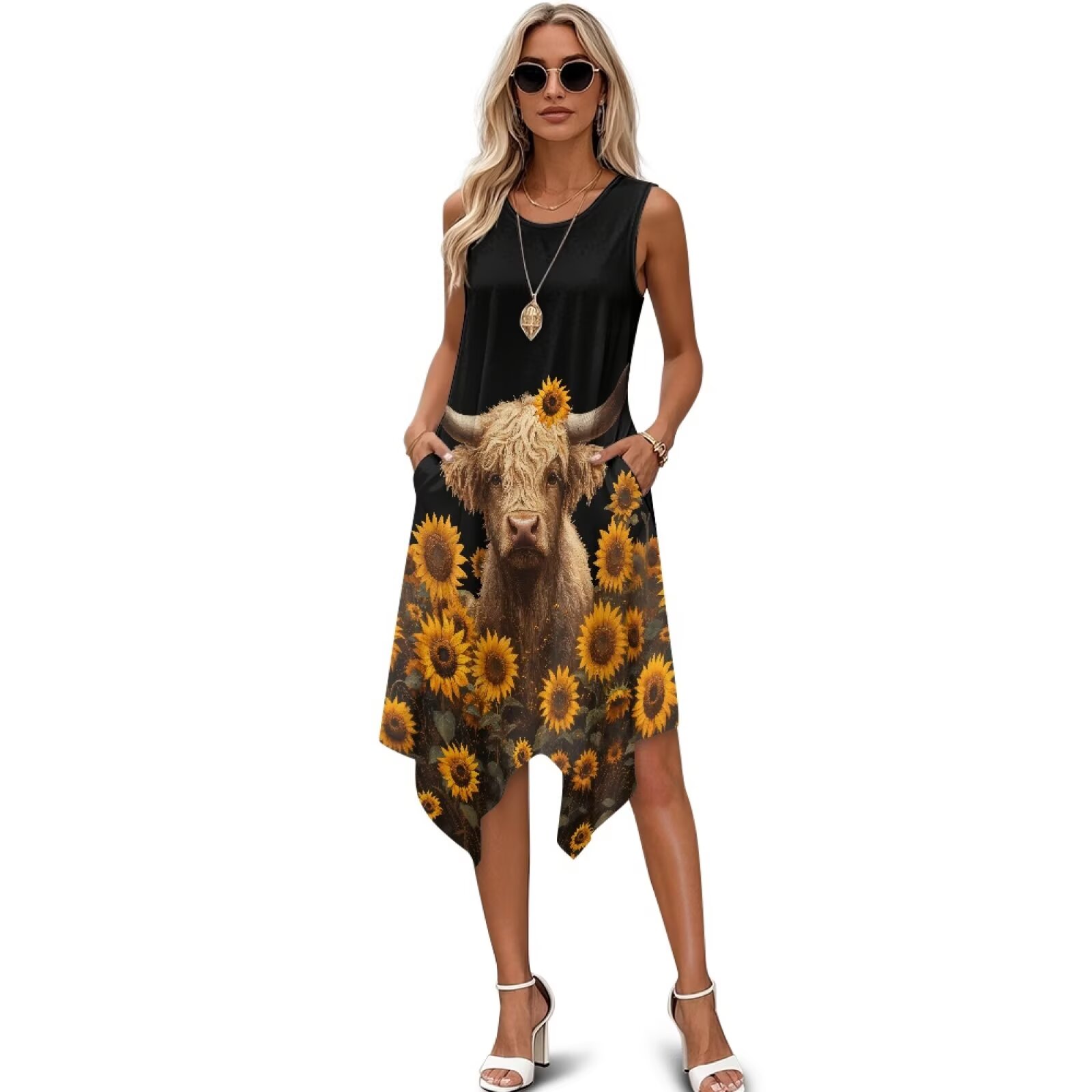 FUIALDOLG Yellow Sunflower Womens Summer Sleeveless Dress Loose Fit ...