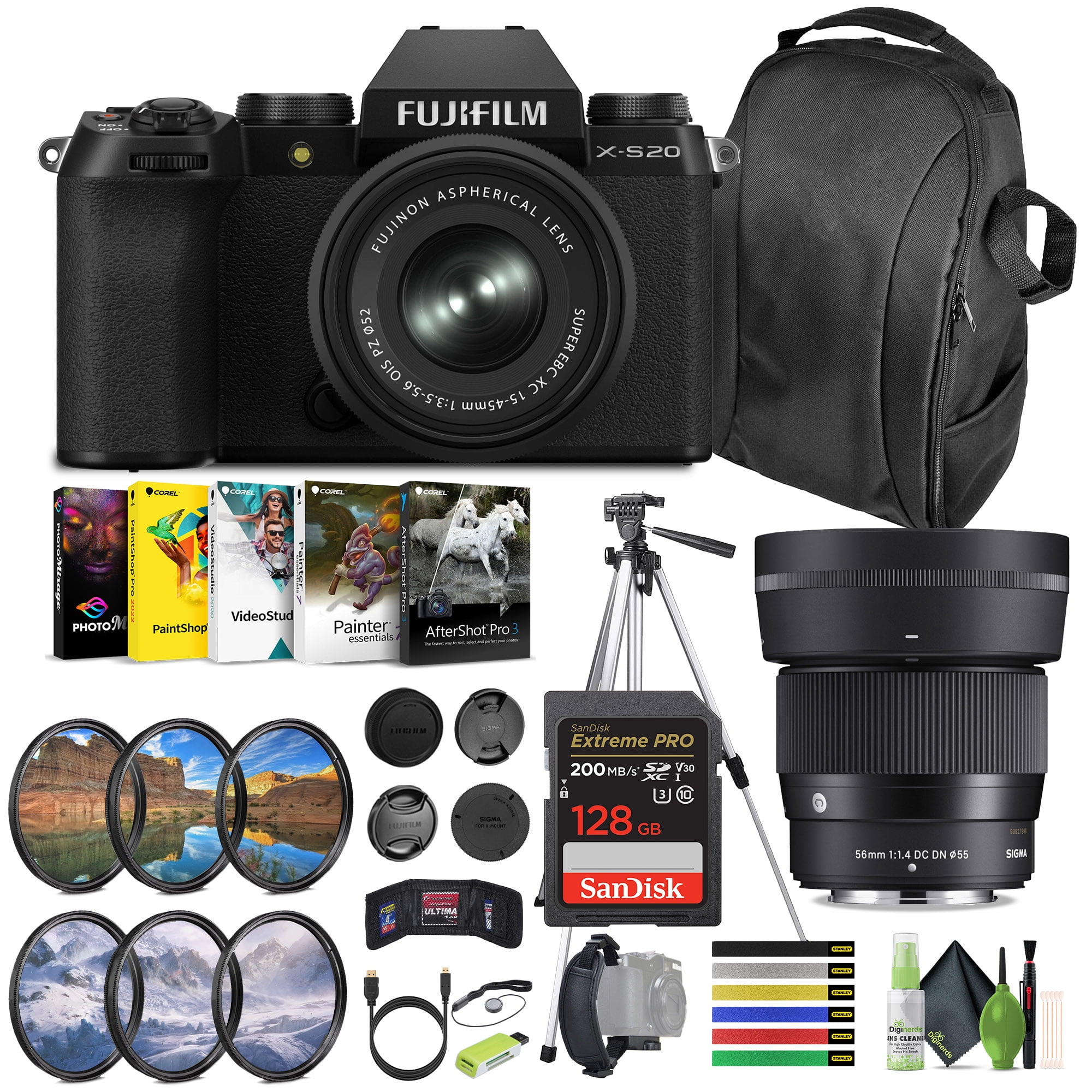 FUJIFILM X-S20 Mirrorless Camera With 15-45mm + SIGMA 56mm f/1.4 DC DN Contemporary Lens + 128GB ...