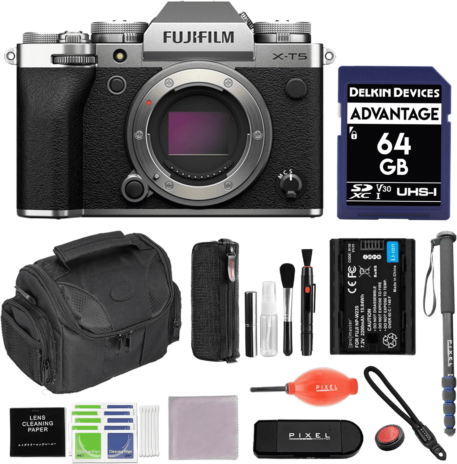 FUJIFILM X-T5 Camera Bundle with Extra Battery, Monopod, 64GB SDXC Card ...