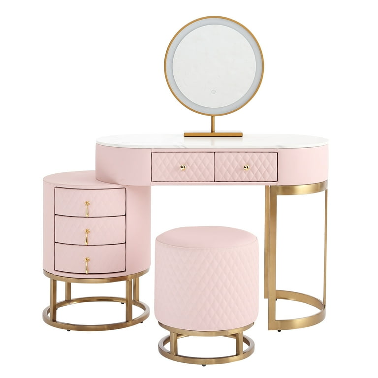 FUKAYI Luxury Vanity Desk Set with Lighted Mirror Drawers Lots of Storage Dressing Table with Stool Pink Walmart