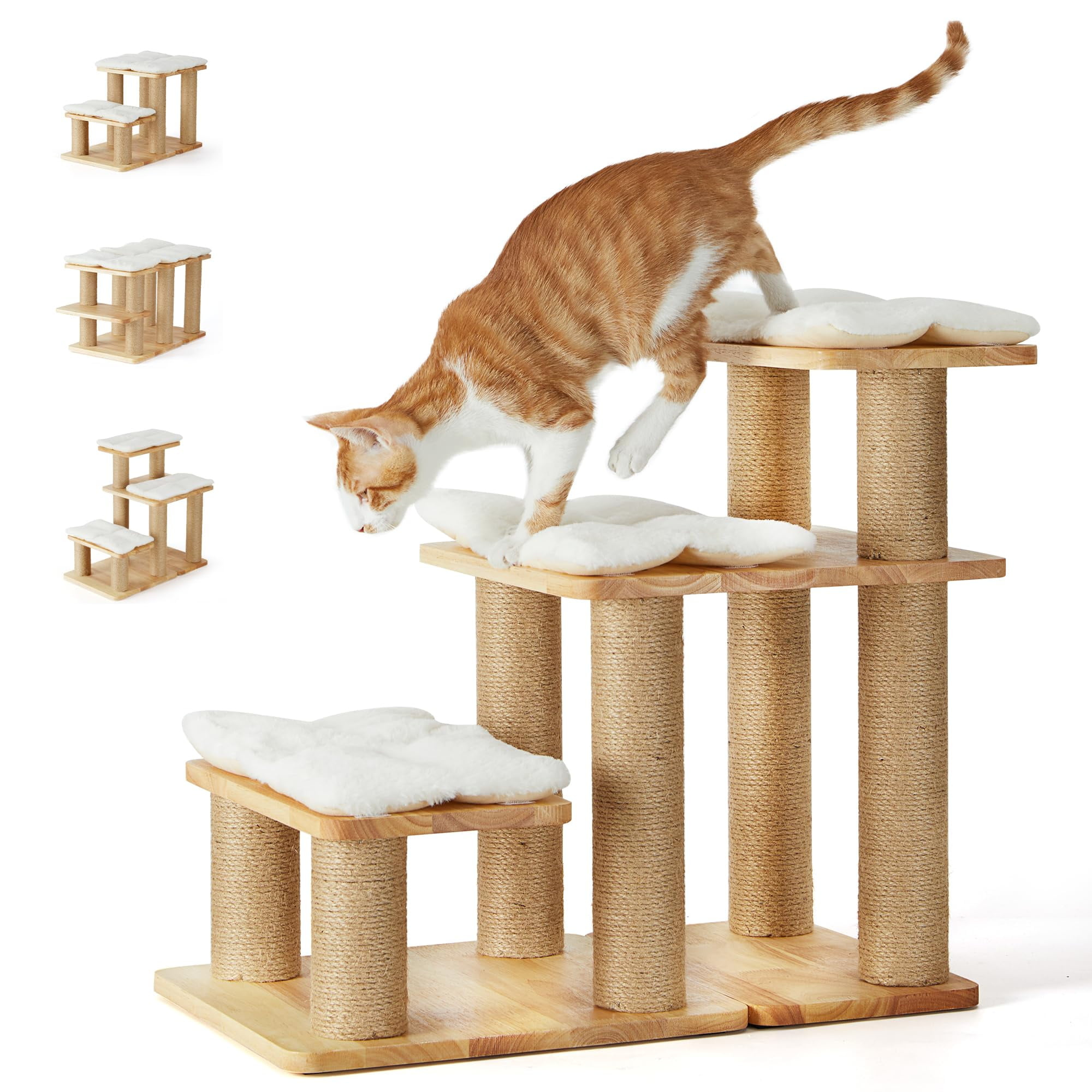FUKUMARU Cat Stairs, Transformable Dog Stairs with Cat Post, Solid Wood Dog Ramp Can Hold Up to ...