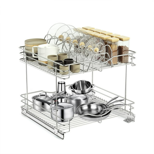 FULGENTE Pull Out Cabinet Pots and Pans Organizer 17" W x 18" D 2 Tier ...