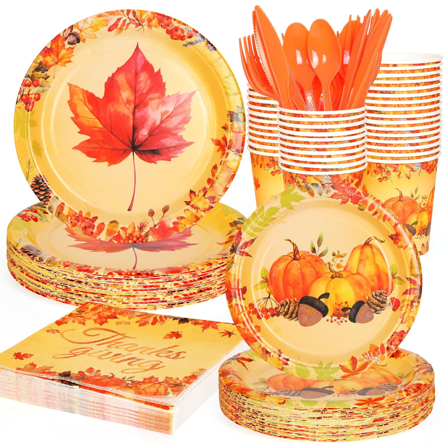 FULJOOY 175 PCS Fall Maple Leaves Dinnerware Set Thanksgiving Party ...