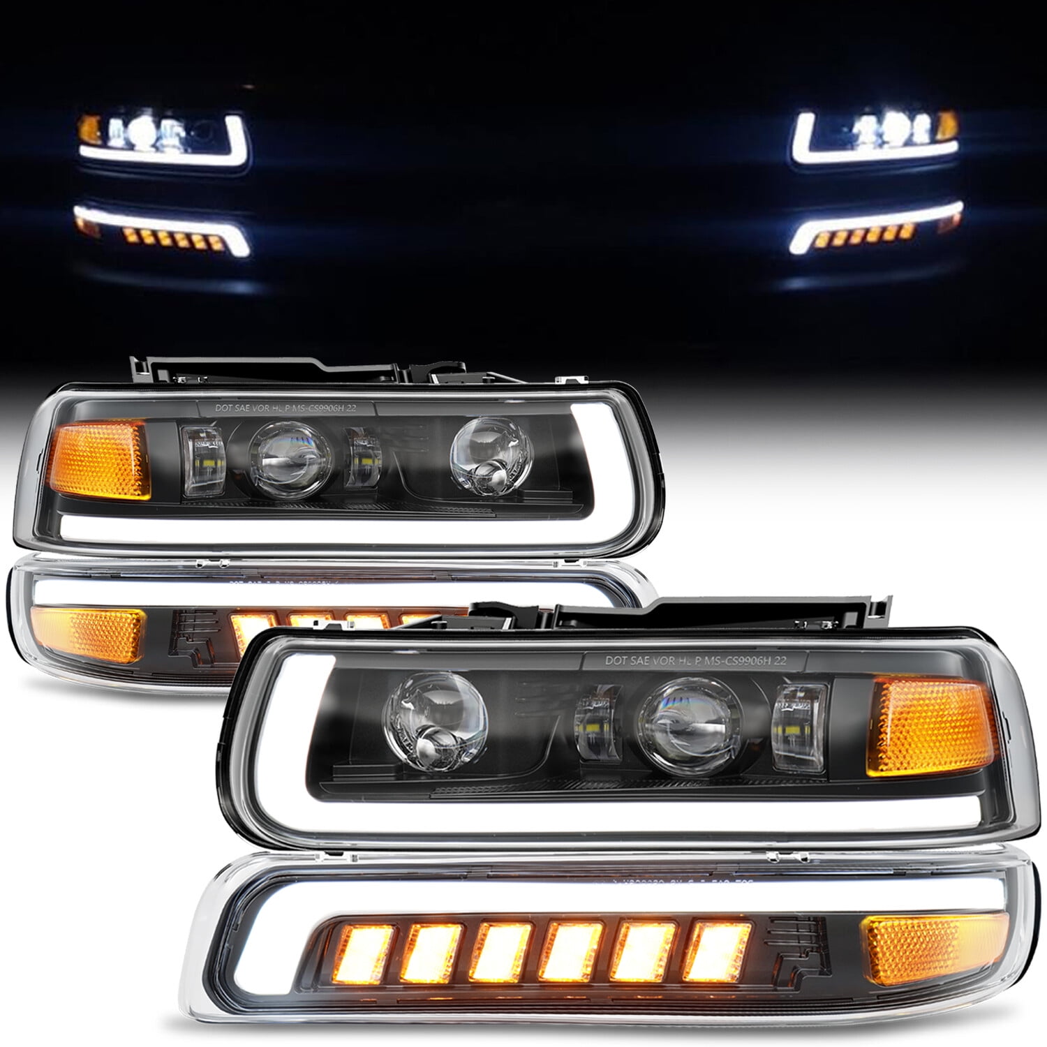 FULL LED Projector Headlights with Turn Signal For 99-02 Chevy ...