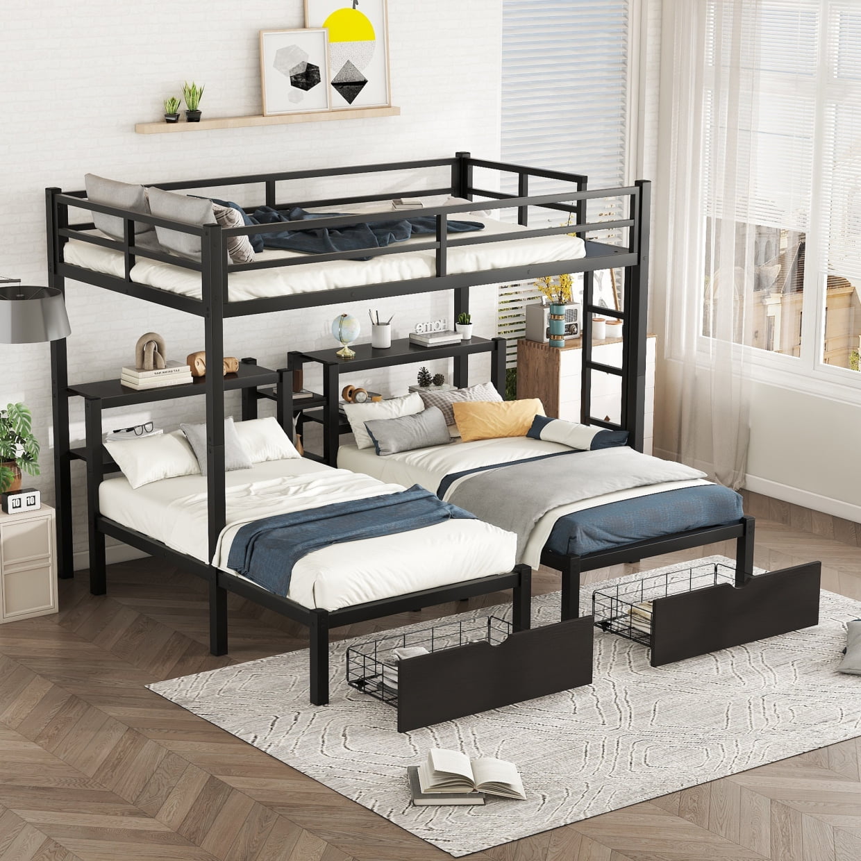 FULL XL Over Twin & Twin Triple Bunk Bed with Drawers,multi-functional metal frame bed, bed head ...