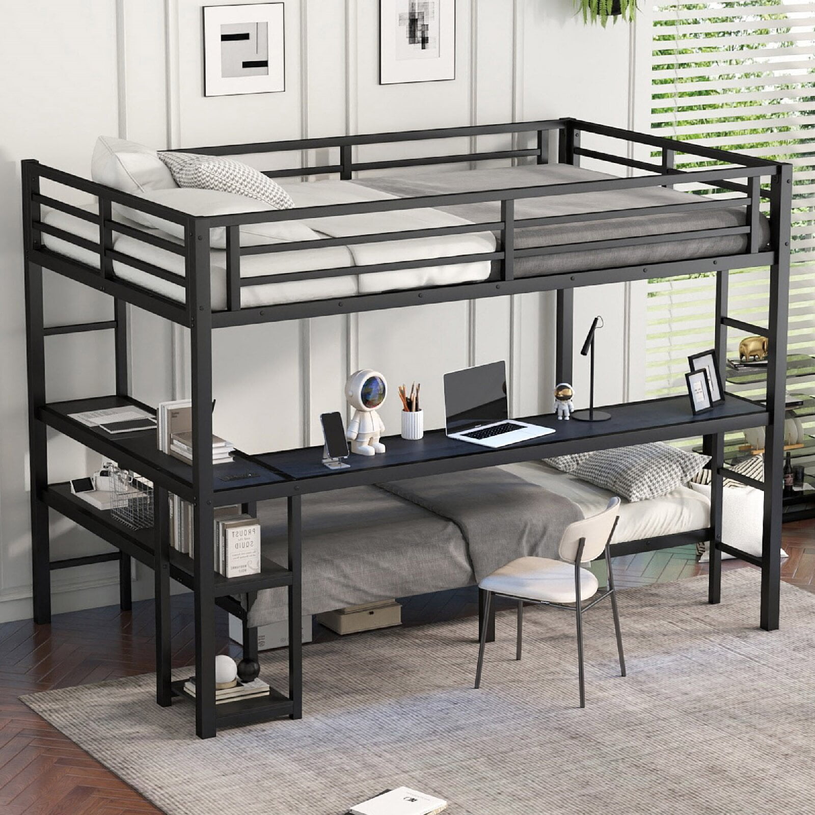 FULL XL Over Twin Bunk Bed Frame with Charging Station and Built-in L ...