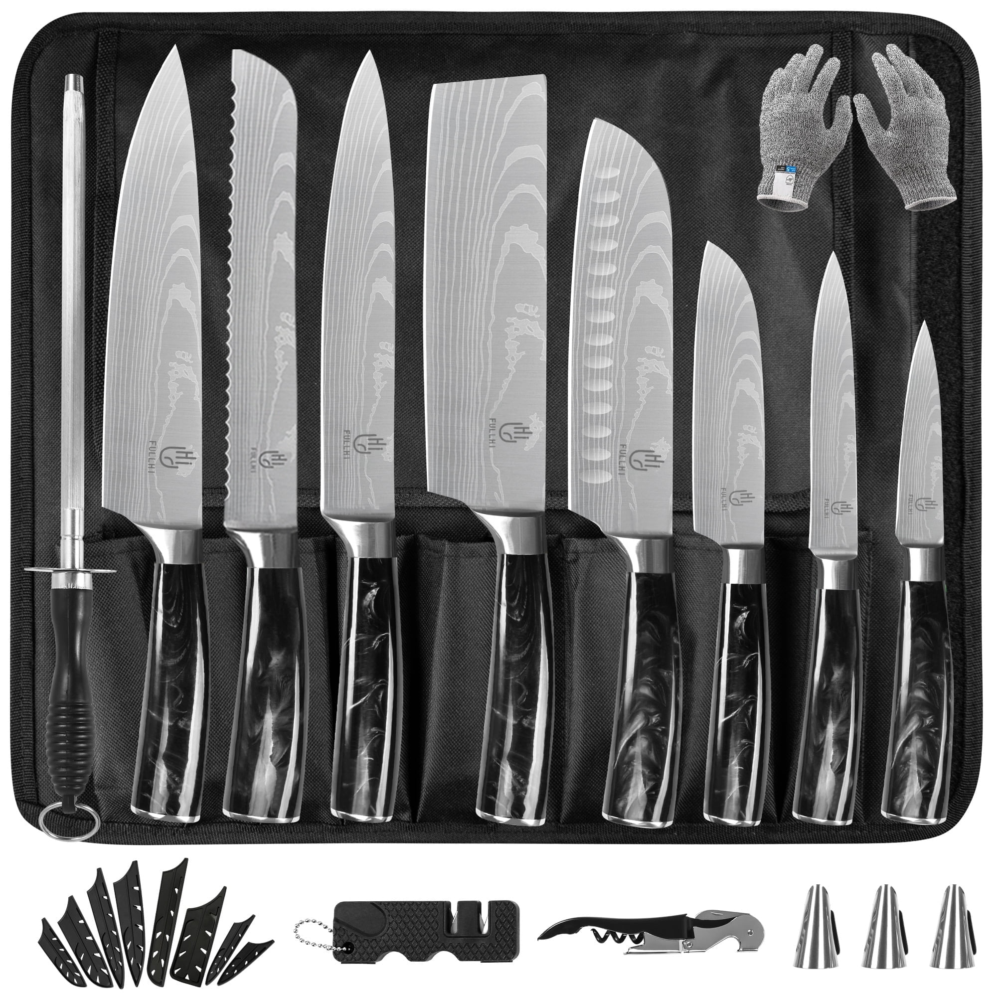 FULLHI Knife Set, 14pcs Japanese Chef Knife Set, Black Premium German ...