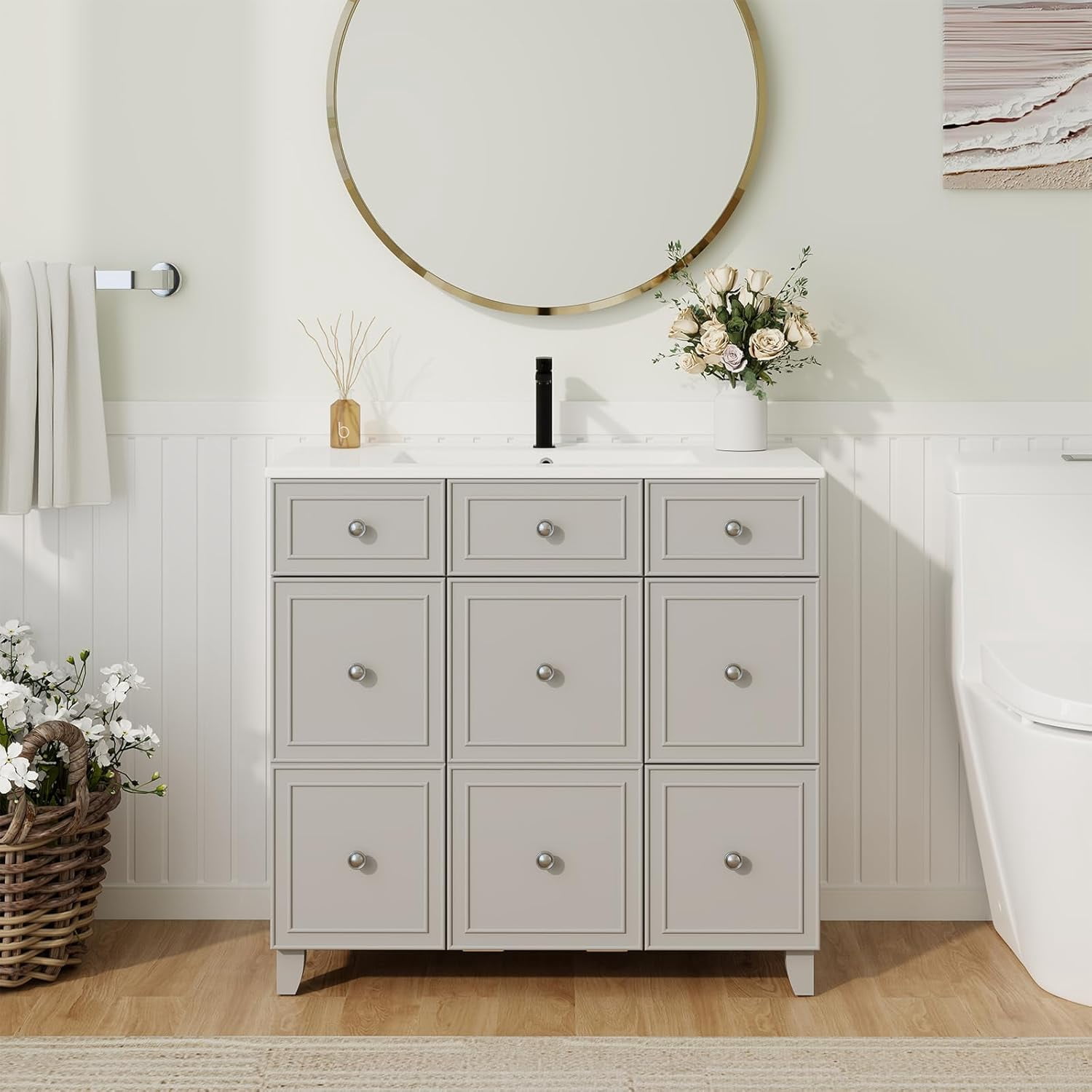 FULLWATT 36" Bathroom Vanity with Single Sink, Painted Surface Solid ...