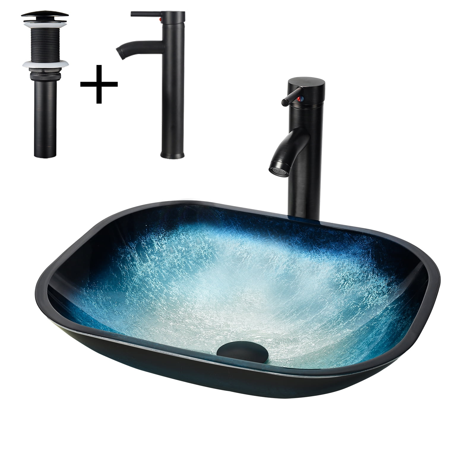 FULLWATT Modern Artistic Vessel Sink, Glass Vanity Bowl, Bronze Faucet ...