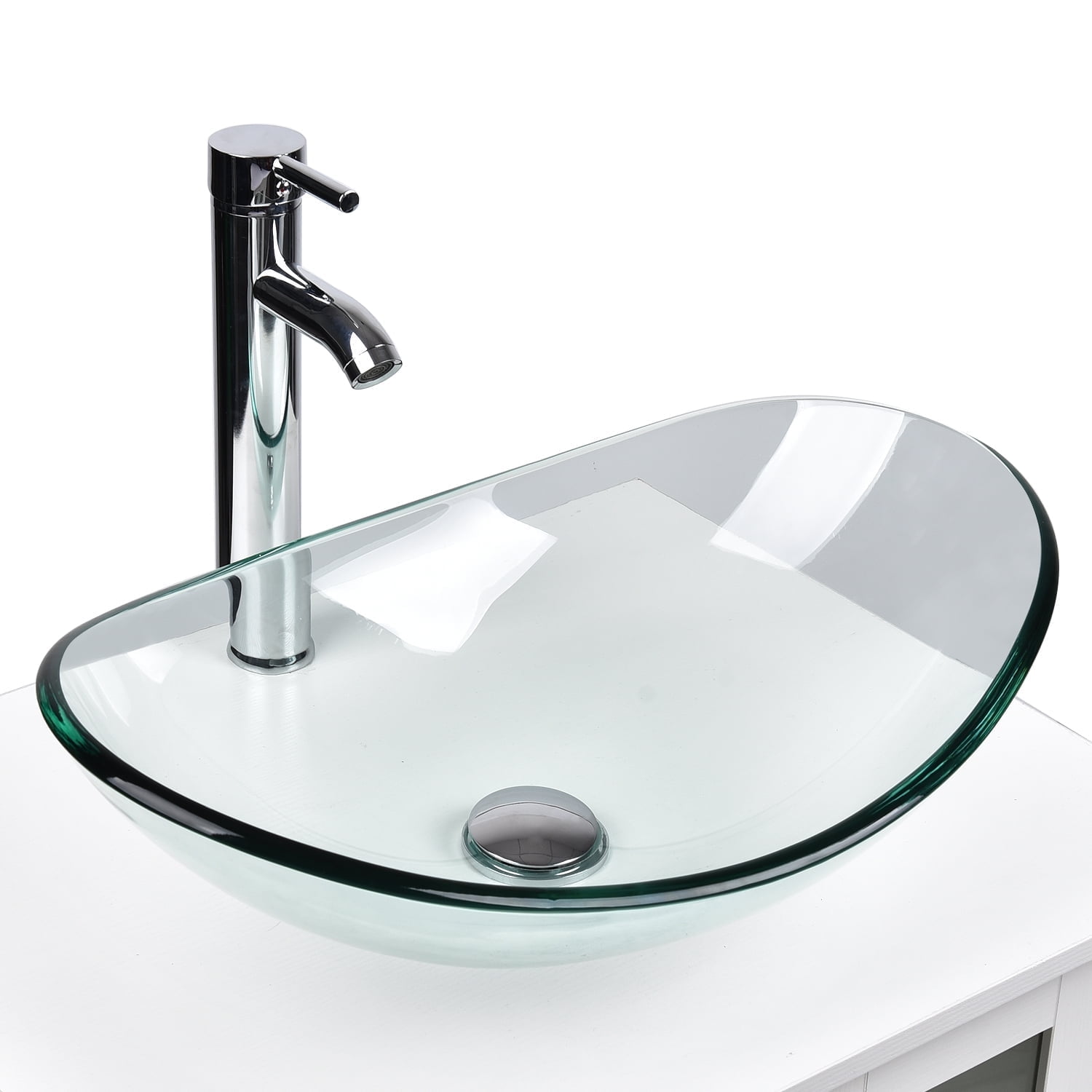 FULLWATT Boat Shape Bathroom Glass Vessel Sink with Chrome Faucet and ...