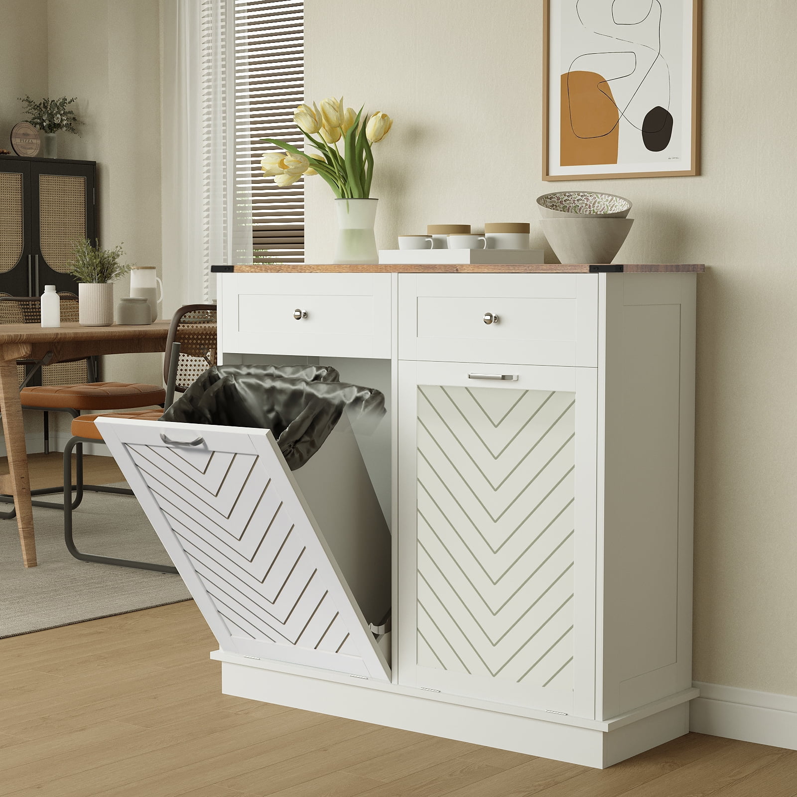 FULLWATT Double Tilt Out Hidden Trash Can Cabinet - Wooden Hideaway ...