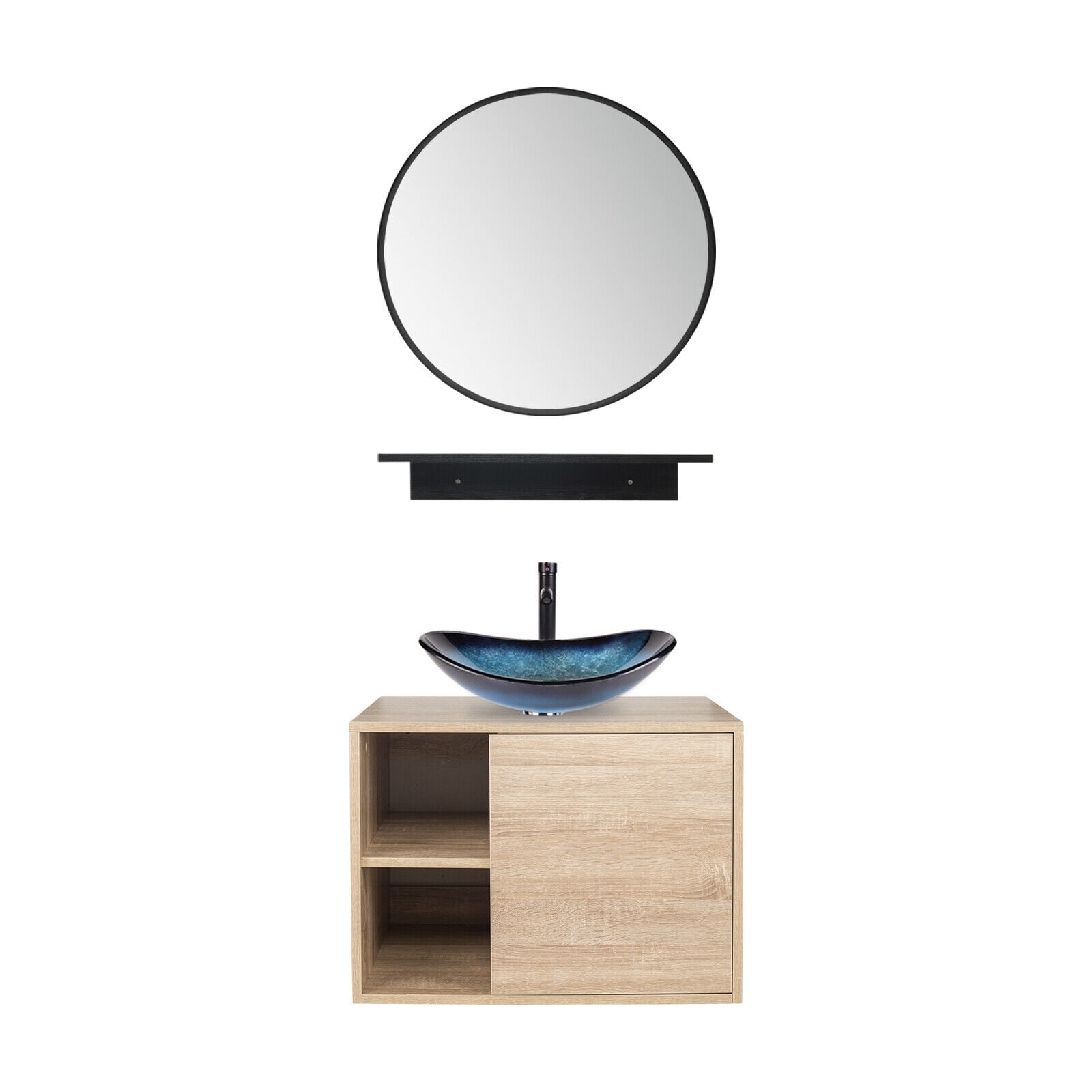 FULLWATT Wall Mounted Vanity Set with Mirror Shelf, Natural PVC Cabinet ...