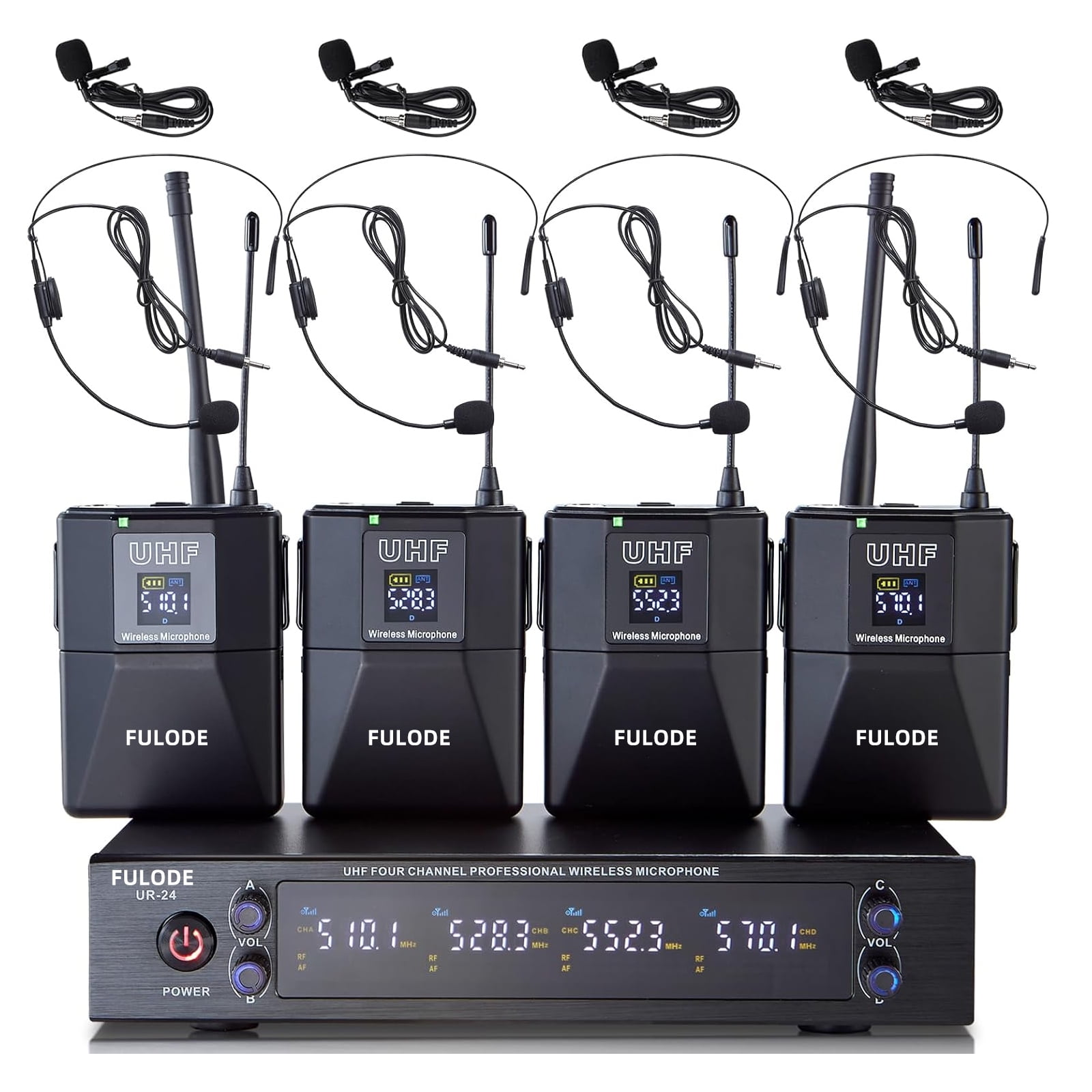 FULODE 4 Channel UHF Wireless Microphone System with Lavalier Headset ...