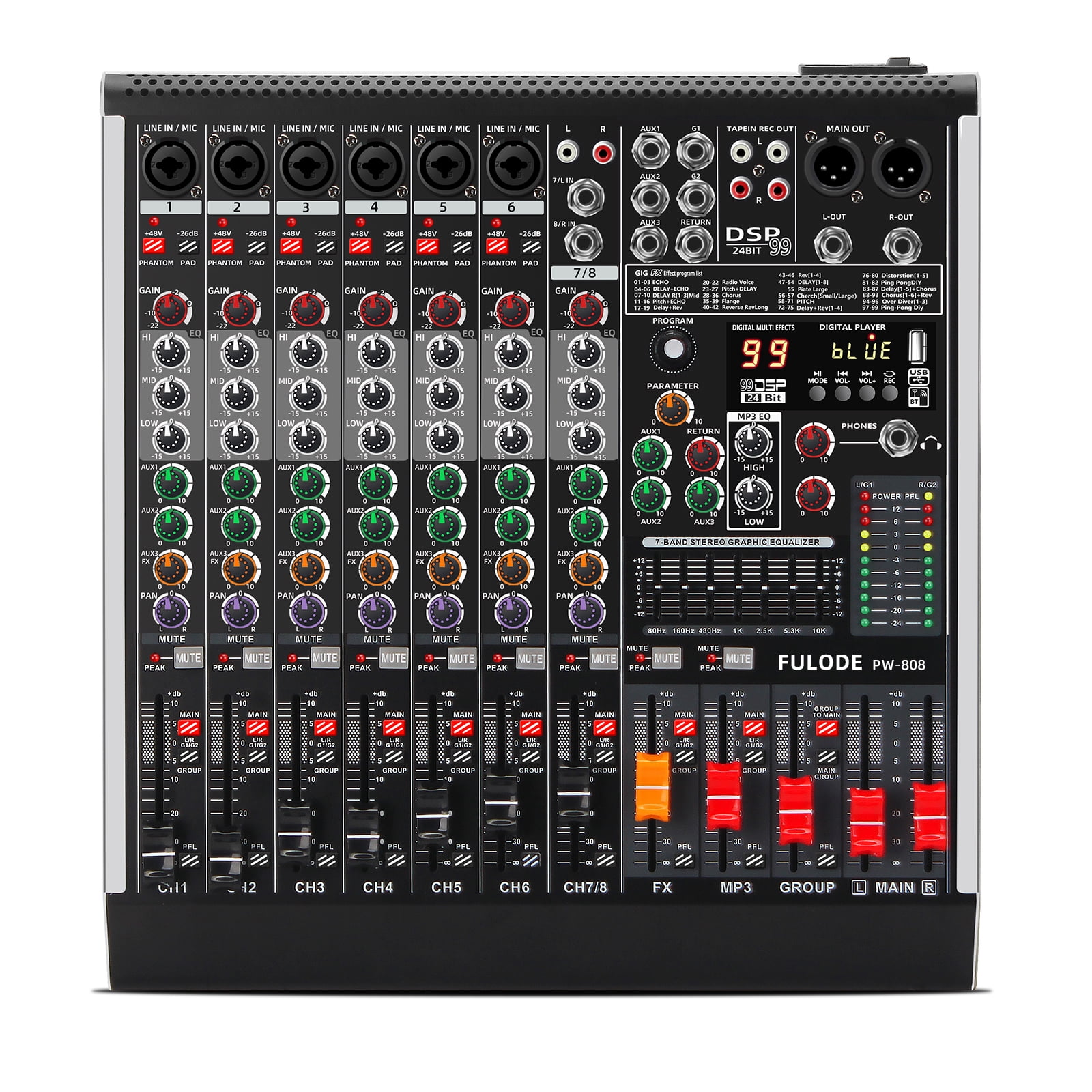 FULODE 8 Channel Audio Mixer Professional Sound Mixing Board with 99 ...