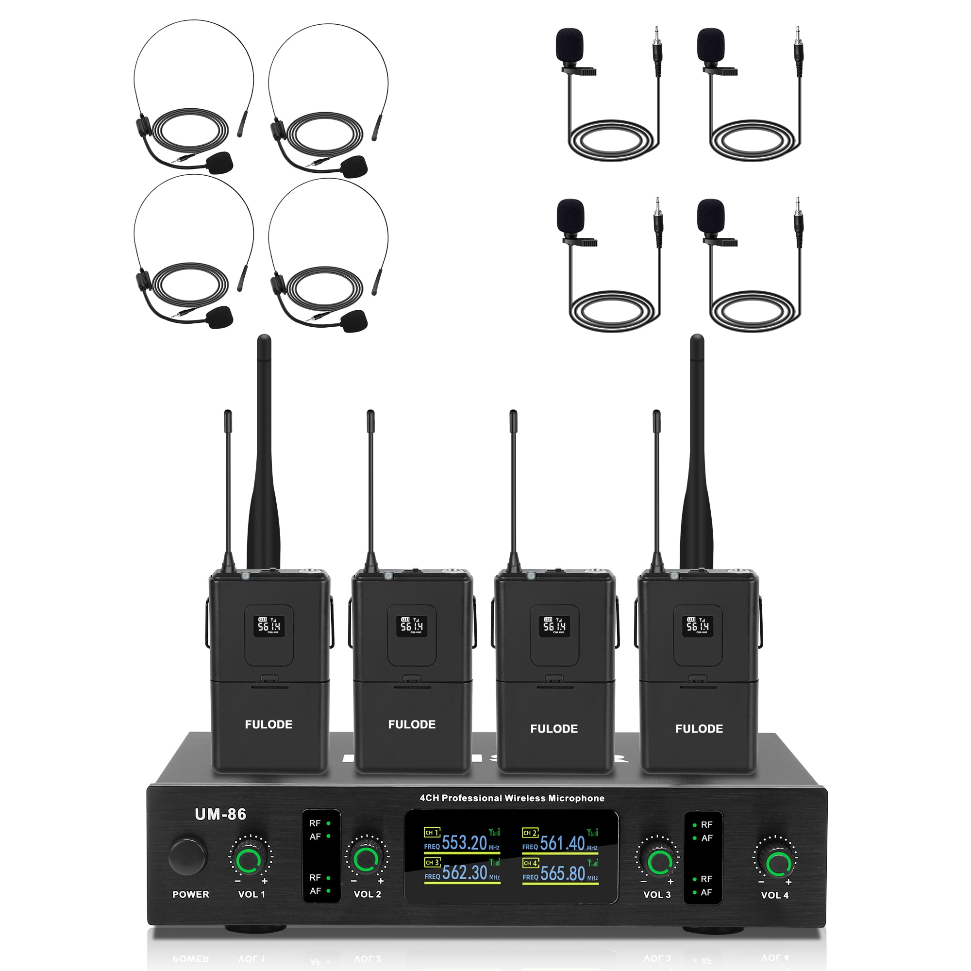FULODE Wireless Lavalier Microphone System with Headset & Lapel Mics, 4 ...