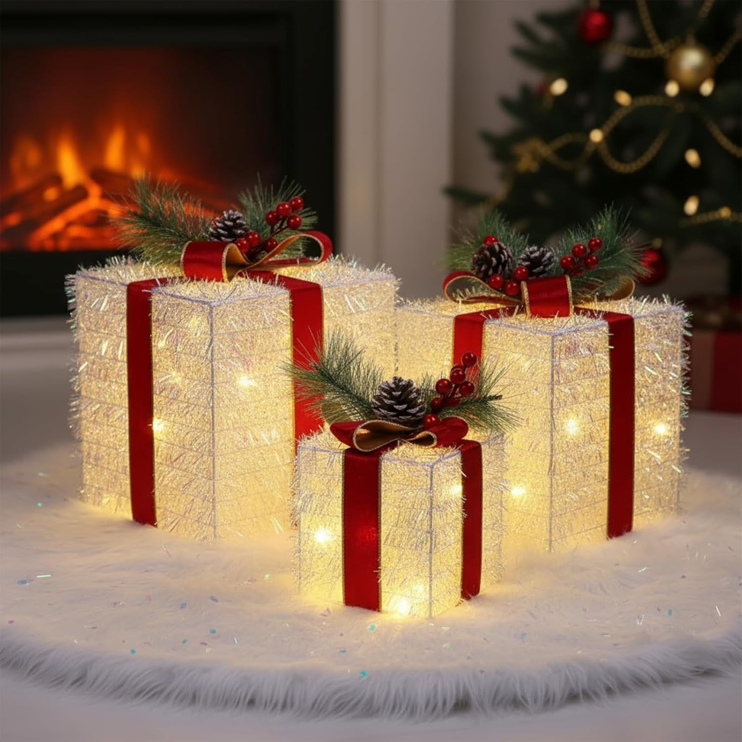FULONG Christmas Lighted Gift Boxes Decor Set of Three Pre-Lit LED ...