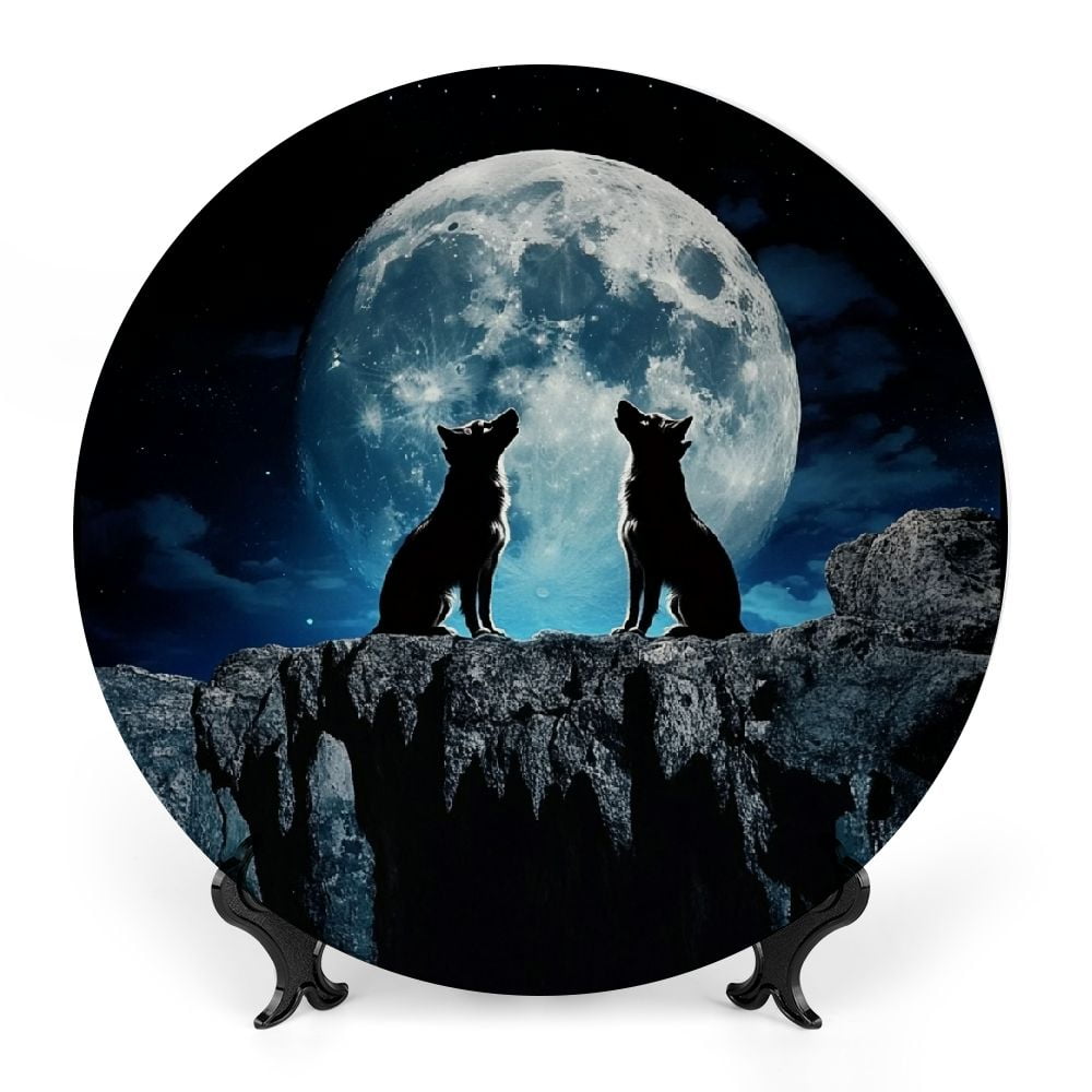 FUMJ Dogs Moon Rock Bone China Decorative Plate Vertical Stand for Home ...