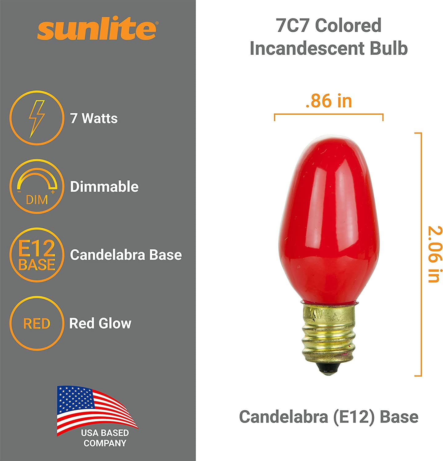 TRHOO-01058 7C7 Incandescent Bulb, 7 Watt, Candelabra E12 Base, C7 ...