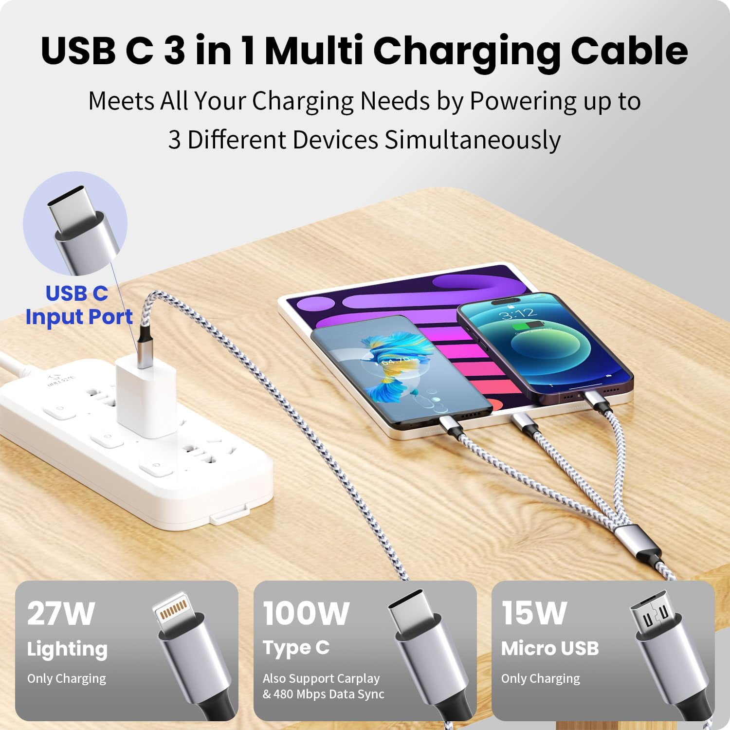 FUN-100W USB C Multi Charging Cable, 3 in 1 Fast Charging Cable with E ...