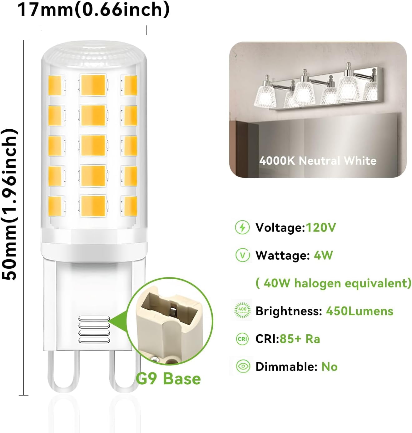 FUN-12 Pack G9 LED Bulb 4W, 40 Watt T4 G9 Halogen Equivalent, 4000K ...