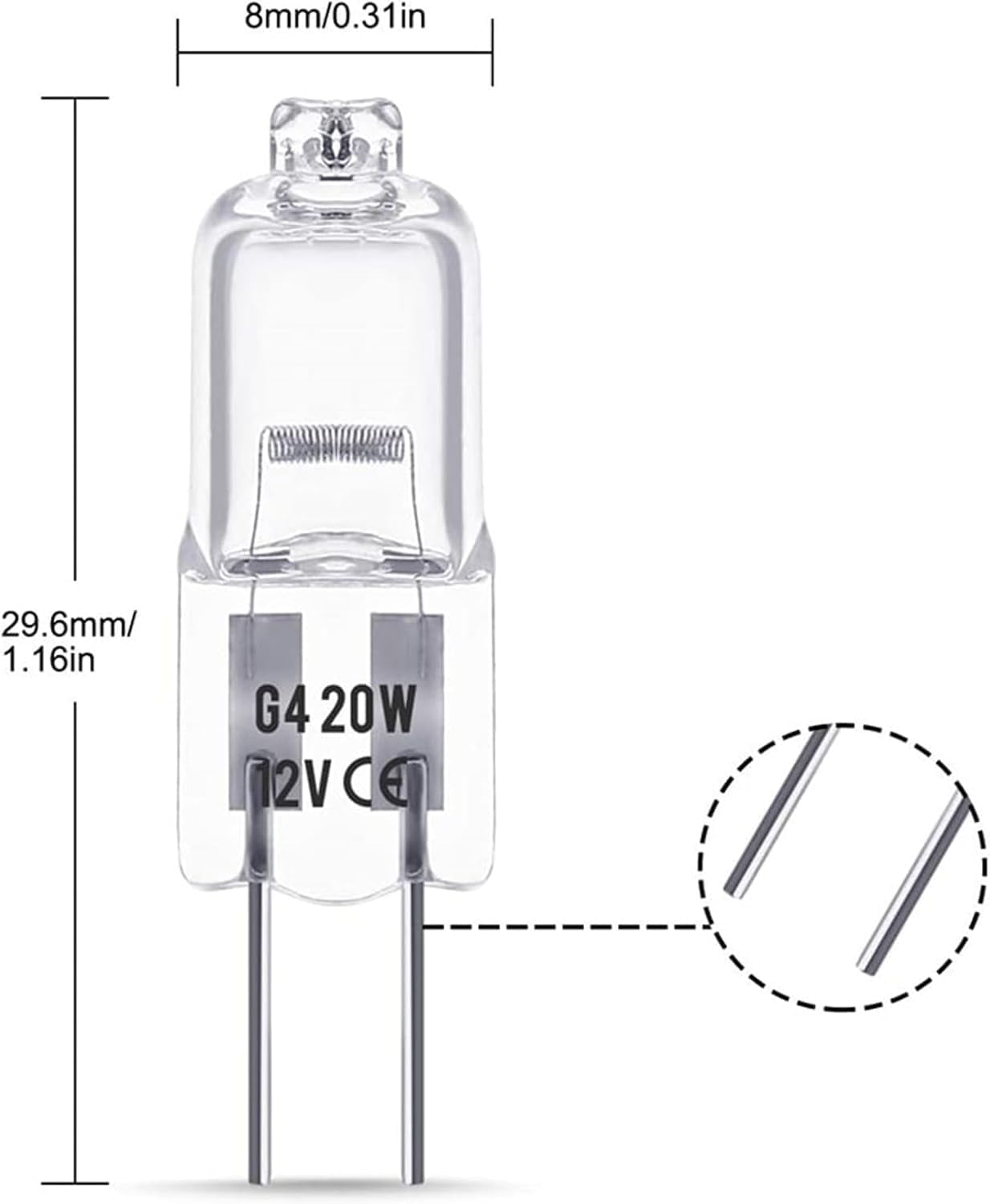 FUN-12 Pack Halogen Light Bulb 2 Pin G4 12V 20W JC Type Bi-Pin Light Clear Small Base Long ...