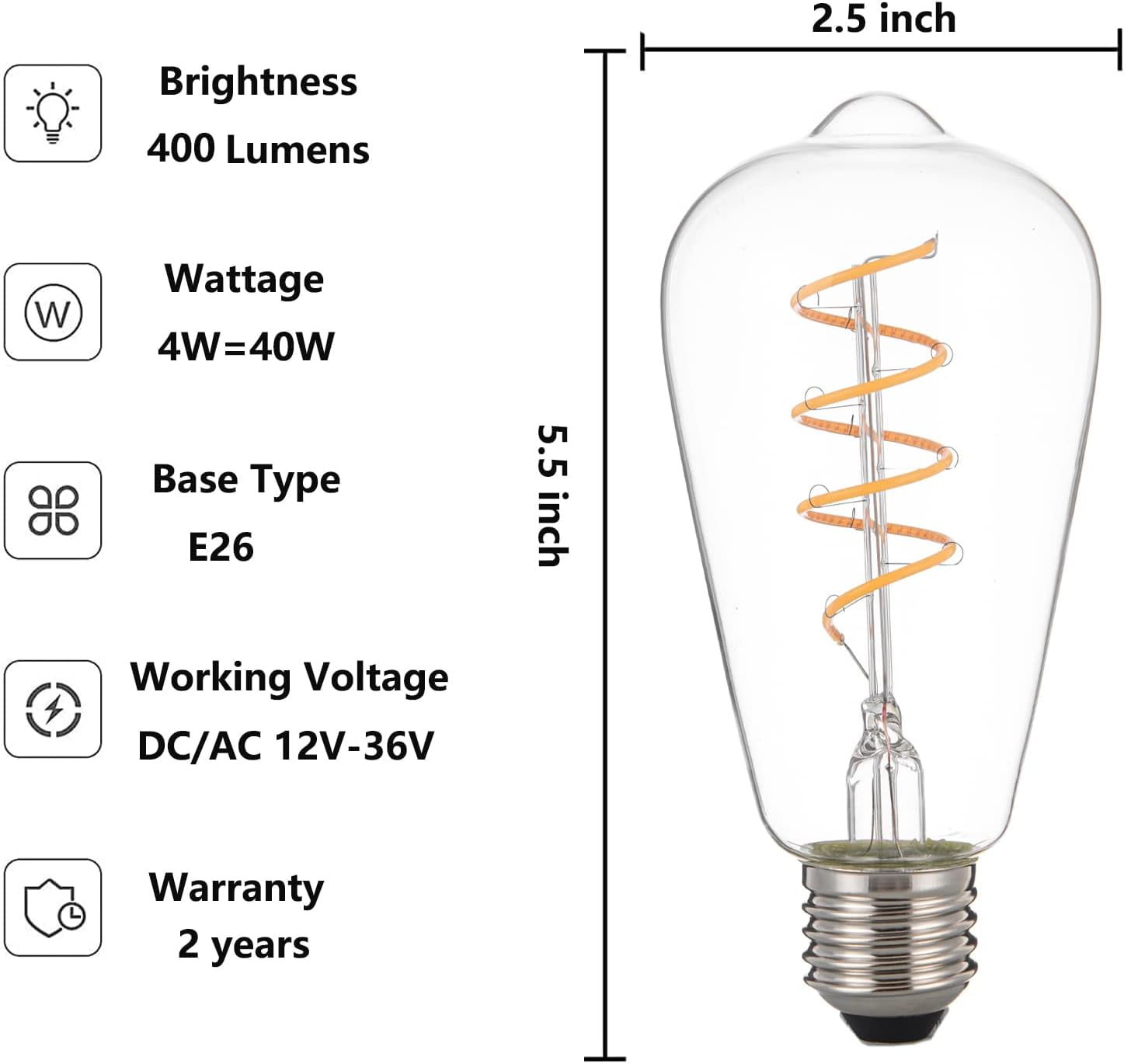 FUN-12V LED Edison Bulbs E26 Medium Base 40W Equivalent, Low Voltage 4W ...
