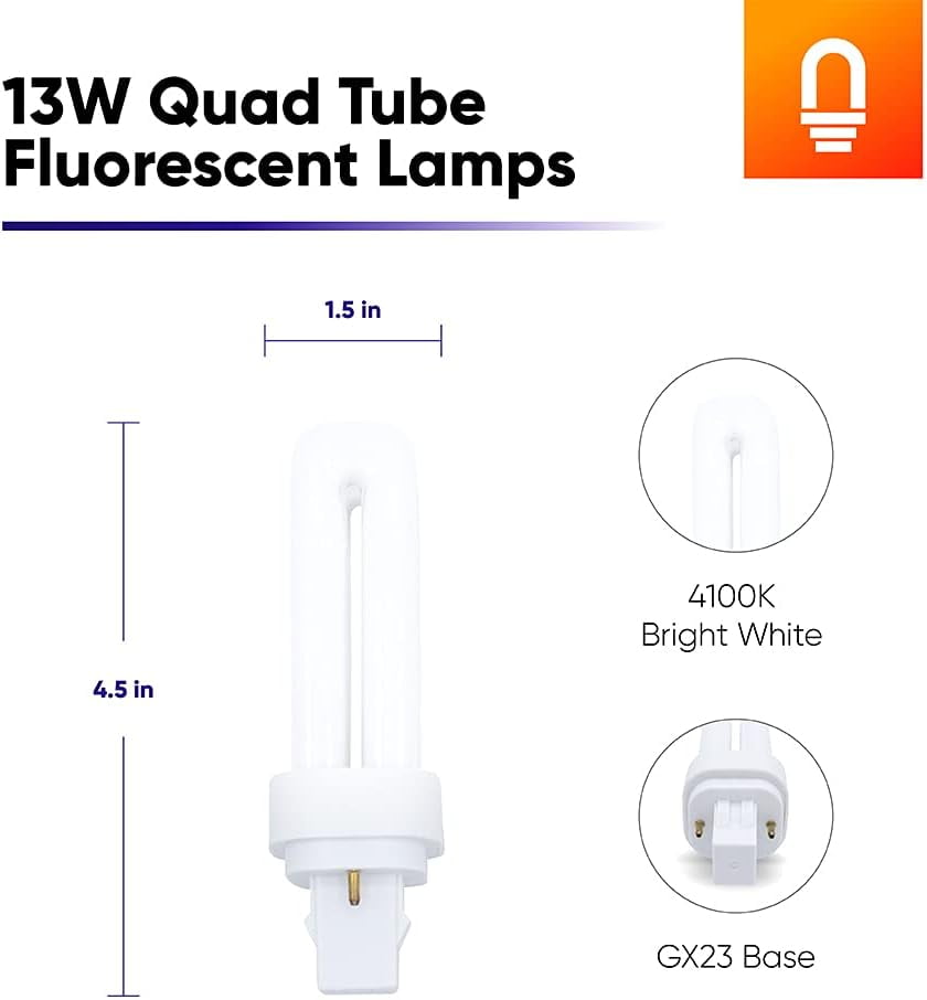 FUN-13 Watt Quad Tube Fluorescent Lamp with GX23-2, 2 Pin Base 4100k ...