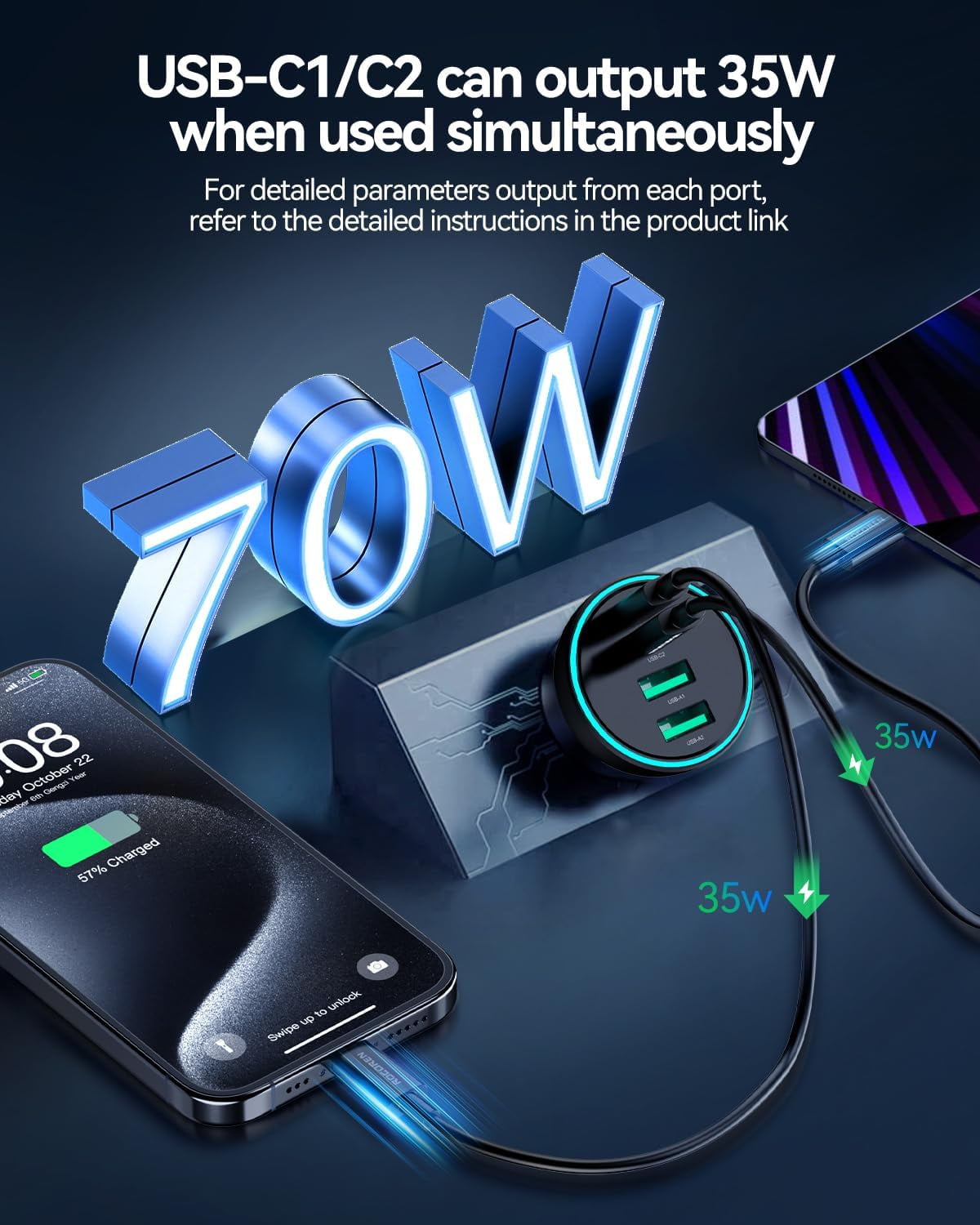 FUN-70W USB C Car Charger, 4-Port PD Super Fast Charging Type C Car ...