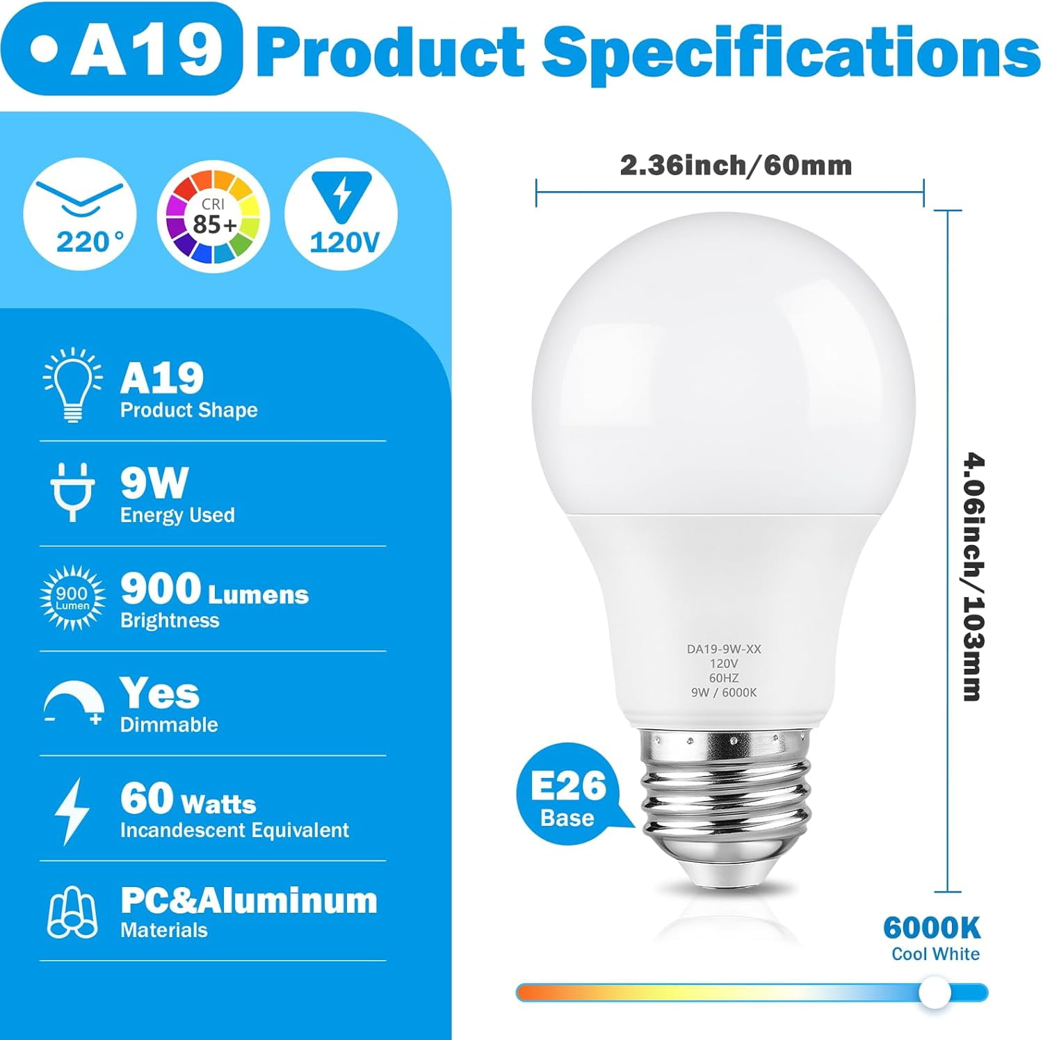 FUN-A19 LED Light Bulb, 60 Watt Equivalent, 6000K Cool White, 900LM ...