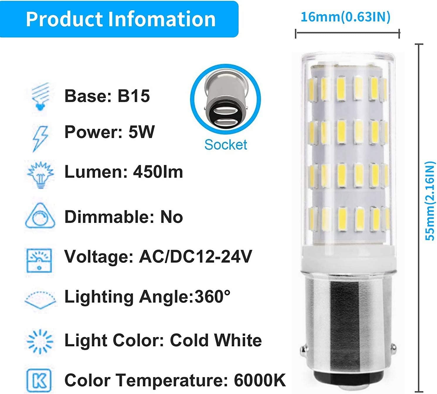 FUN-BA15D LED 1142 12V-24V 5w Bulb White, Low Voltage 1004 1076 1130 ...