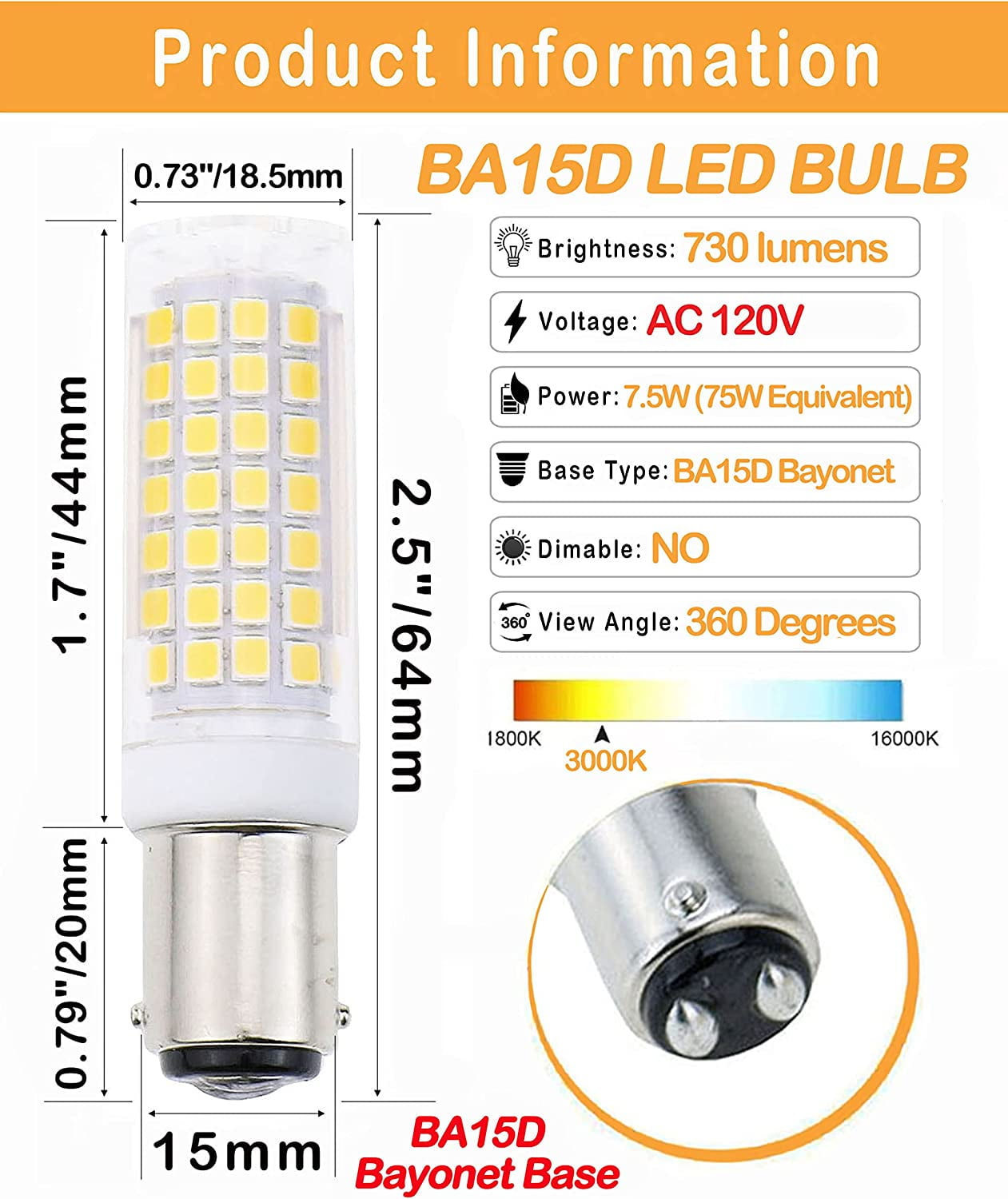 FUN-Ba15d led Light Bulb 7.5W,B15 Double Contact Bayonet Base,120V Warm ...