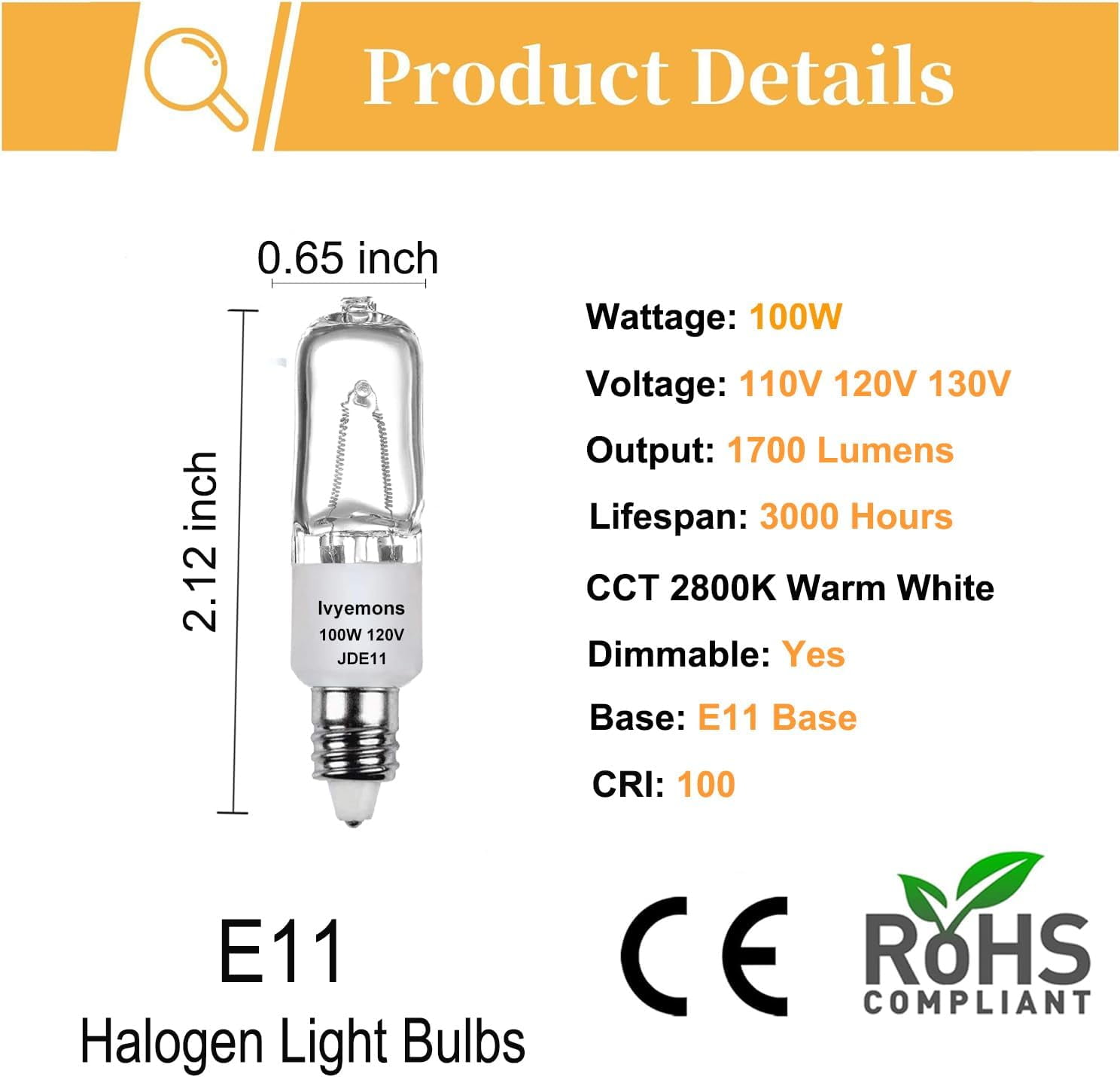 FUN-E11 Bulb 100W - 4 Pack JD E11 120V 100W Halogen Bulb 2700K Warm White, T4 E 11 Dimmable with ...