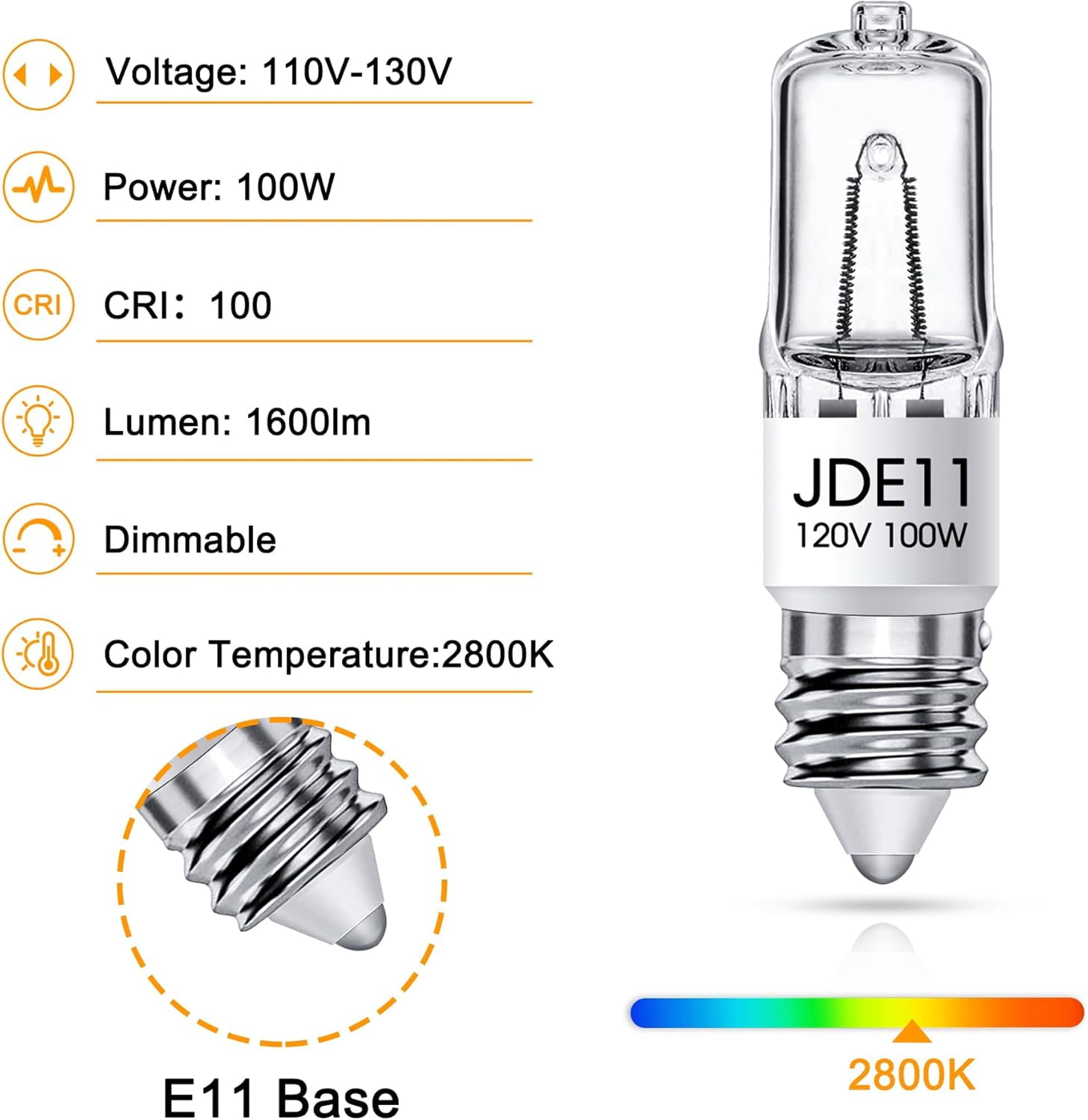 FUN-E11 Bulb, JDE11 100W Halogen Candelabra Bulbs, 120V T4 E11 Mini Halogen Bulb, 1600lm Warm ...