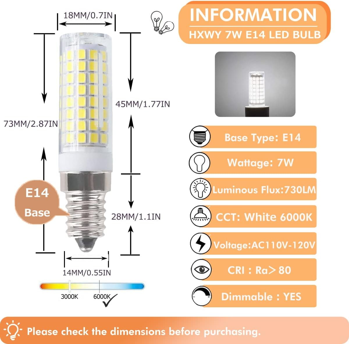 FUN-E14 LED Bulb 7W 120V European Light Bulbs Equivalent 75W ...