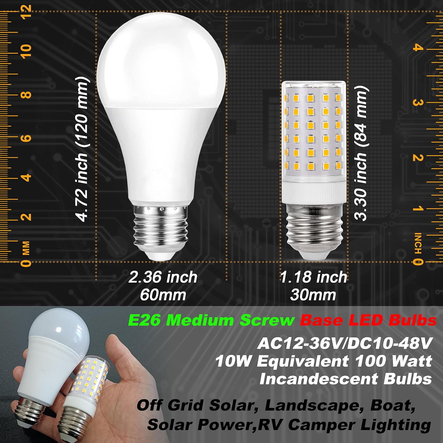FUN-E26 12V 24V Medium Screw Base LED Bulbs 2700K Warm White 10W ...