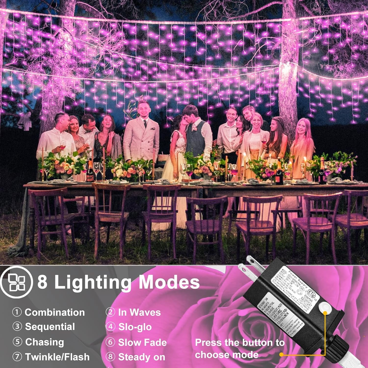 FUN-FUN-33ft Pink LED Icicle String Lights Indoor for Bedroom, 400 LED ...